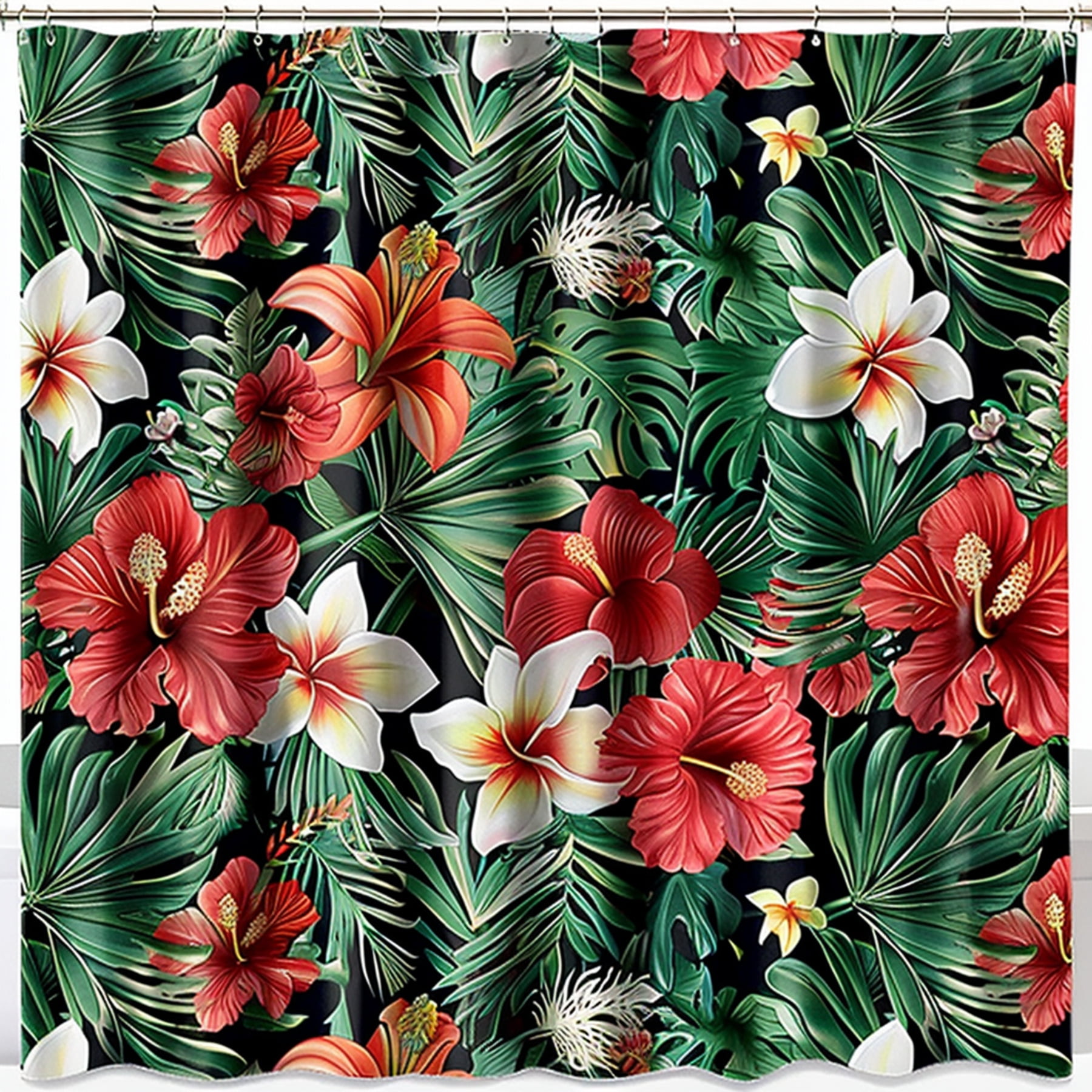 Tropical Floral Shower Curtain With Hibiscus Plumeria Monstera And Palm