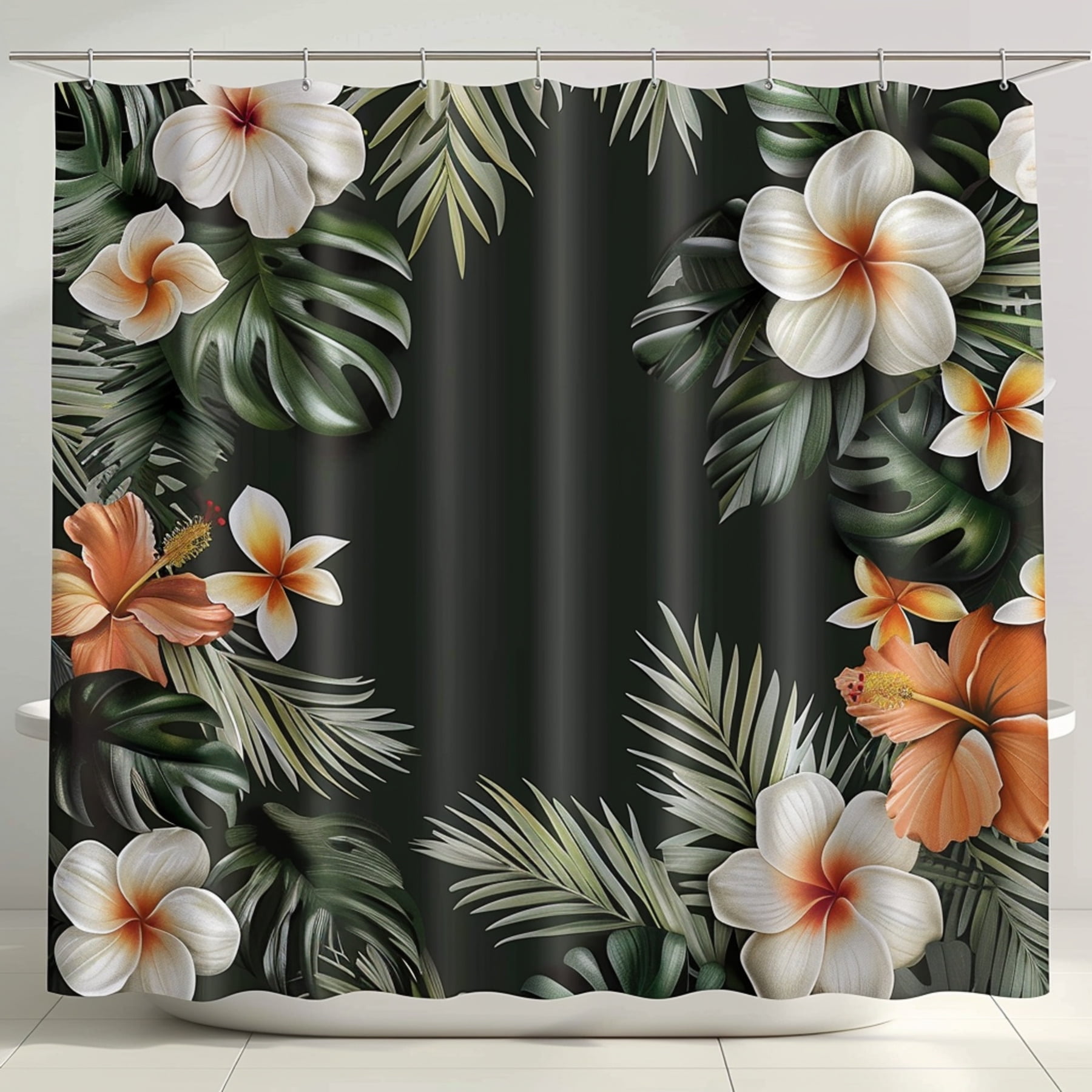 Tropical Floral Shower Curtain With Palm Leaves Black Background White