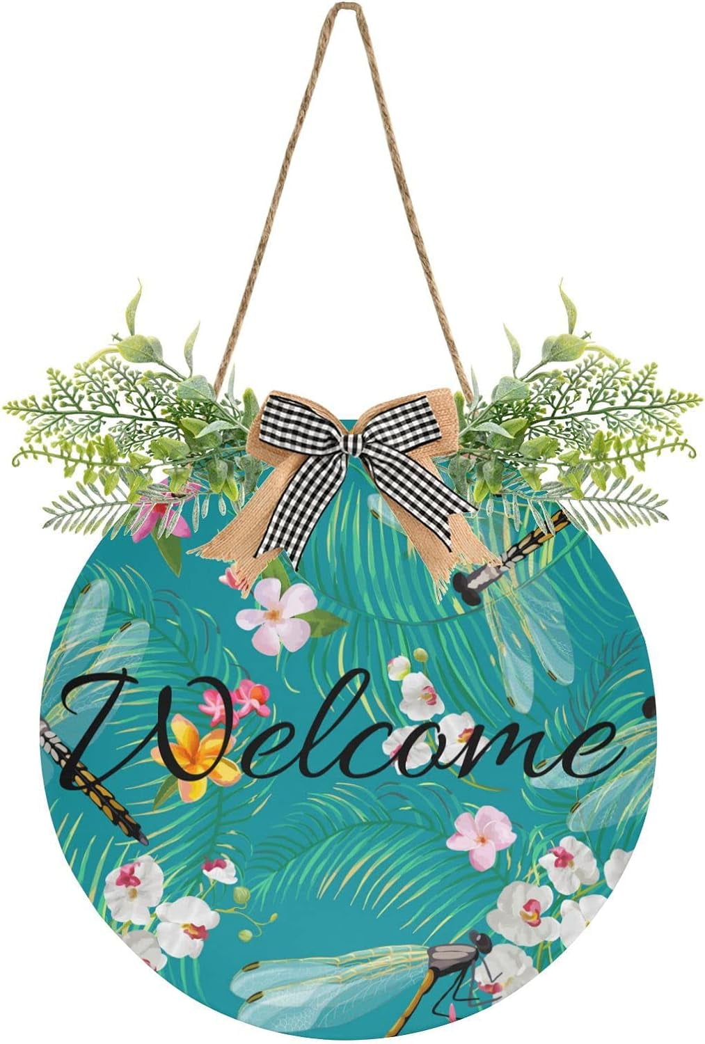 Tropical Floral with Dragonflies Welcome Sign for Front Door, Round ...
