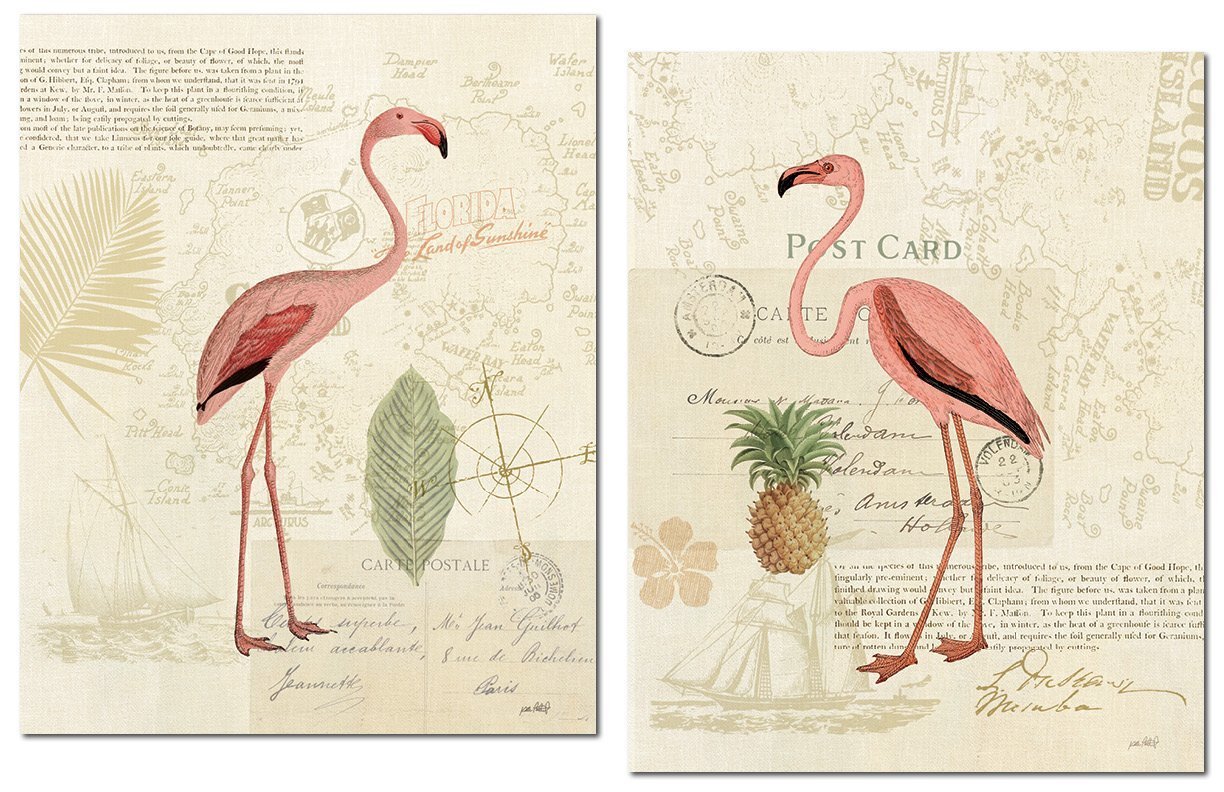 Tropical Florida Pink Flamingo and Pineapple Set by Katie Pertiet; Two ...