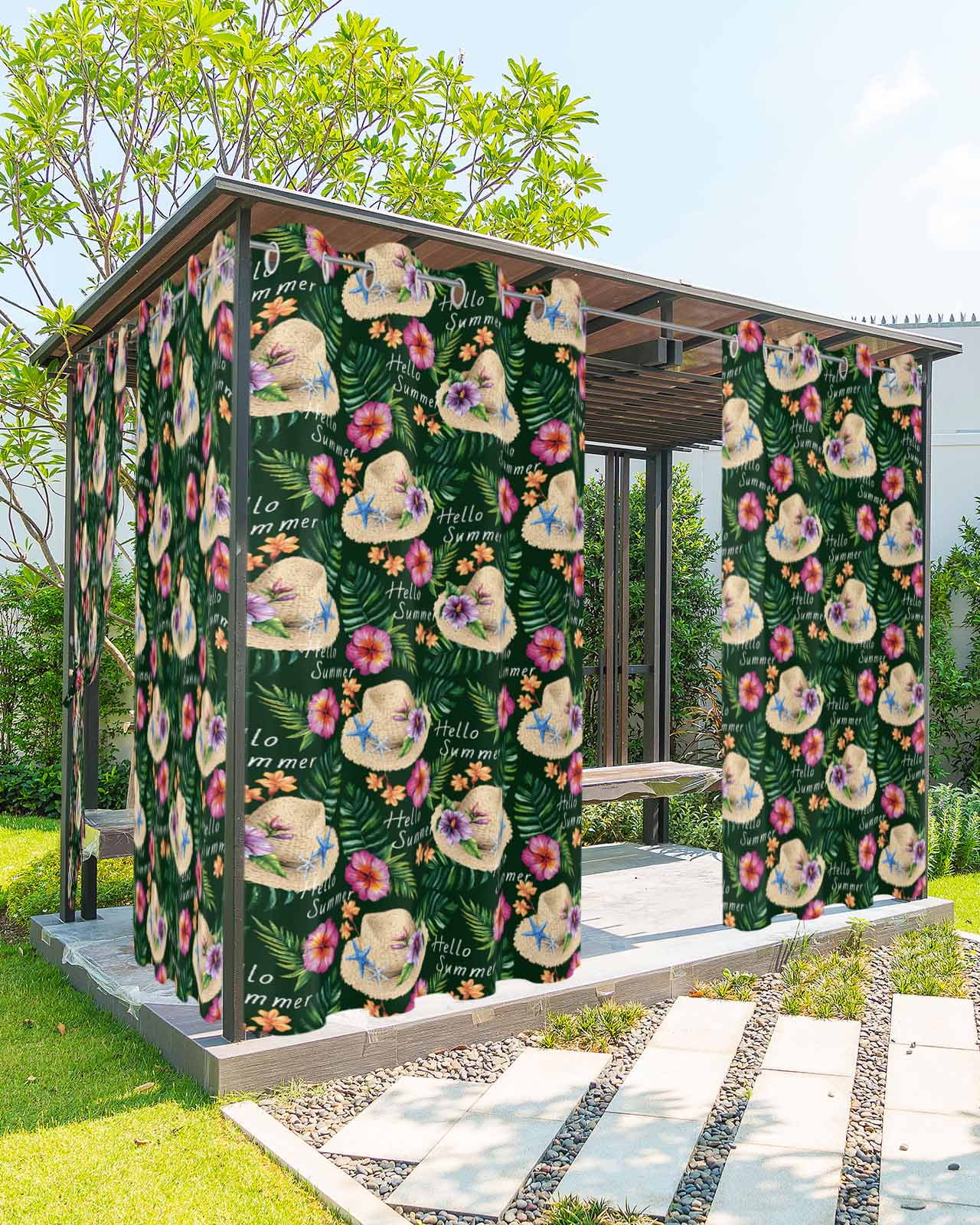 Tropical Flower Outdoor Curtains for Patio Waterproof,Green Palm Plants ...