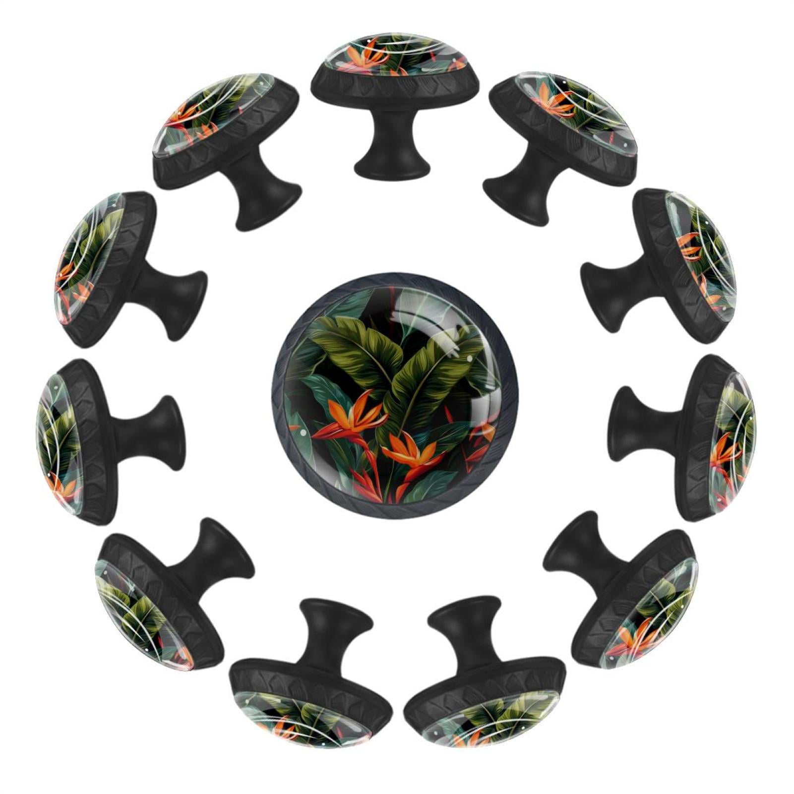 Tropical Flower Plants and Leaves Pattern 35MM Round Glass Cabinet ...