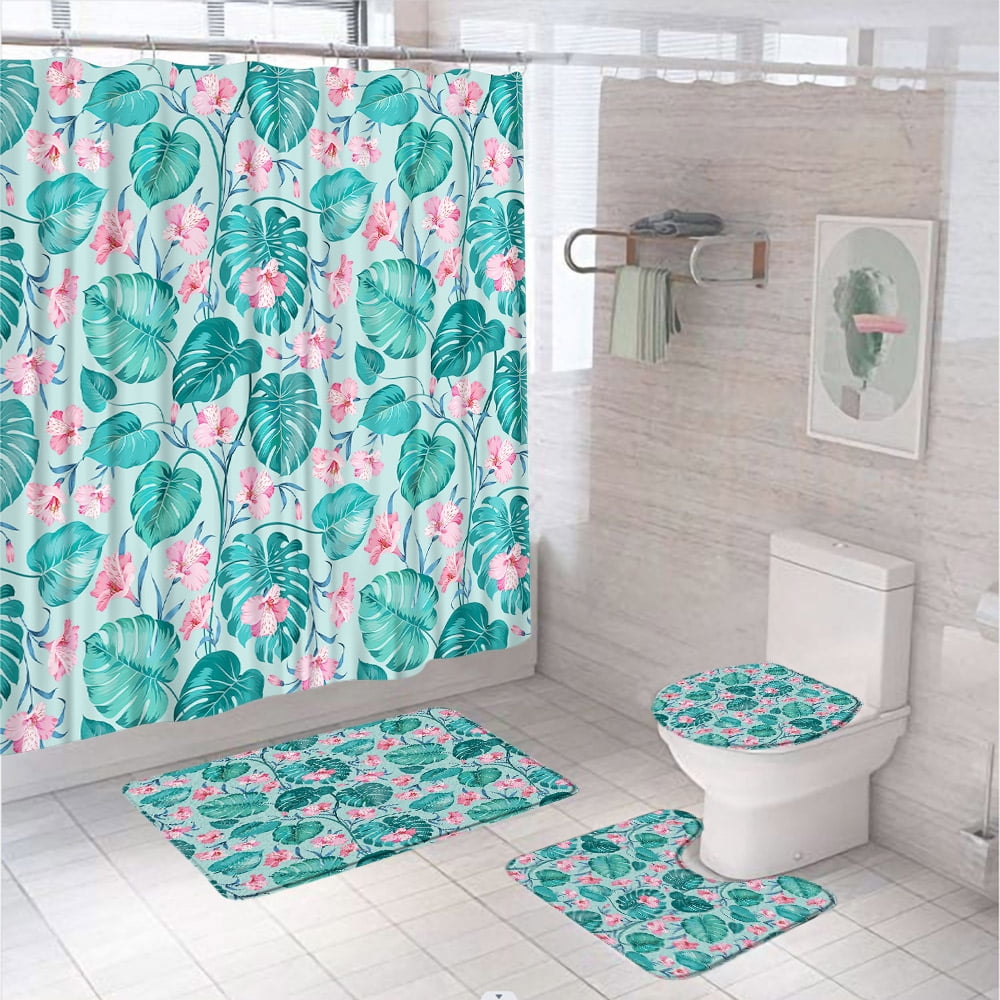 Tropical Flower Shower Curtain Set Green Palm Banana Leaf Hibiscus ...