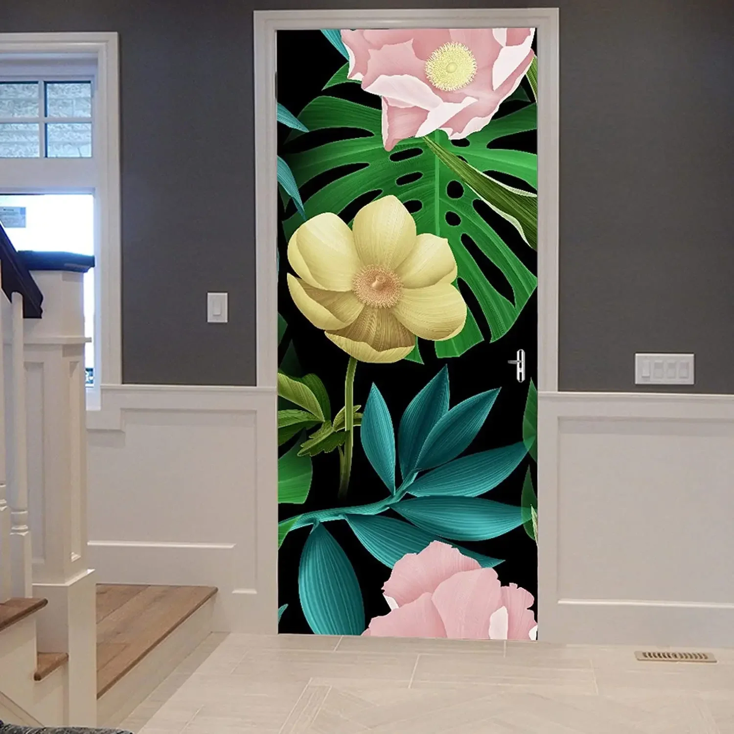 Tropical Flowers Door Sticker Palm Leaf Flower Decals Self Adhesive ...
