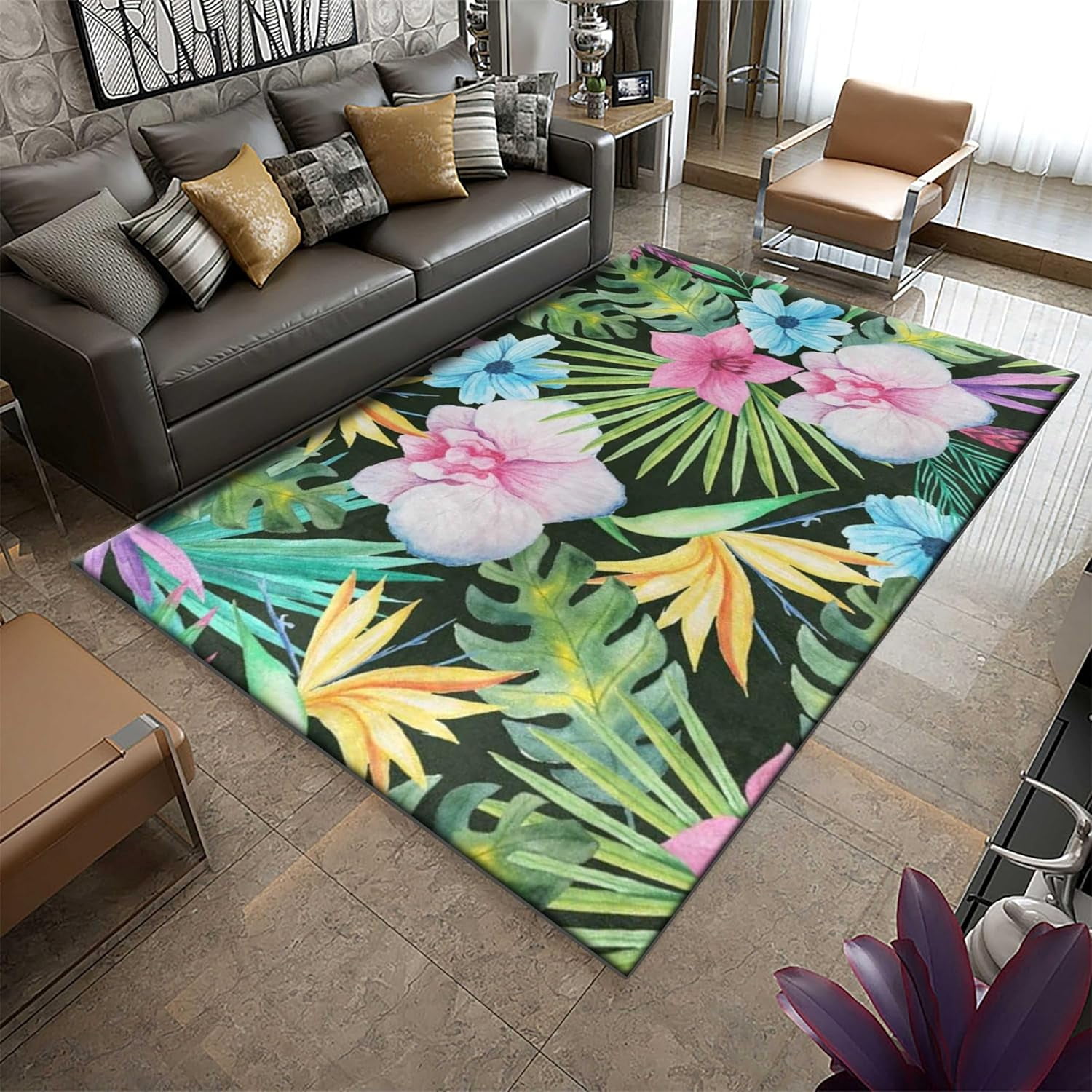 Tropical Flowers Leaves Area Rugs,Pink Flowers Watercolor Plants ...