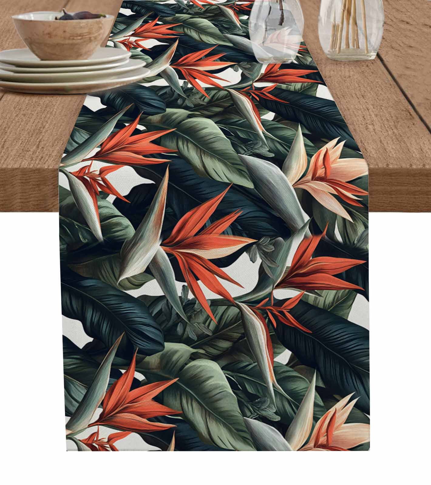 Tropical Flowers Leaves Table Runner 72 Inches, Rustic Summer Botanical ...
