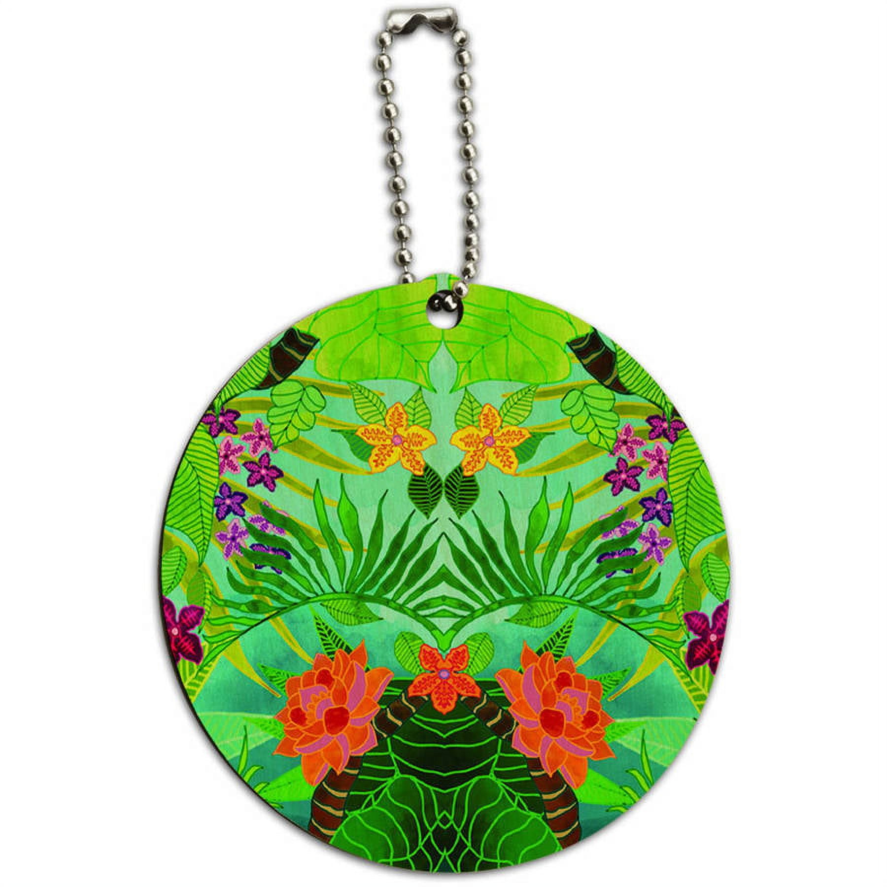 Tropical Flowers and Leaves Green Blue Round Wood ID Tag Luggage Card ...