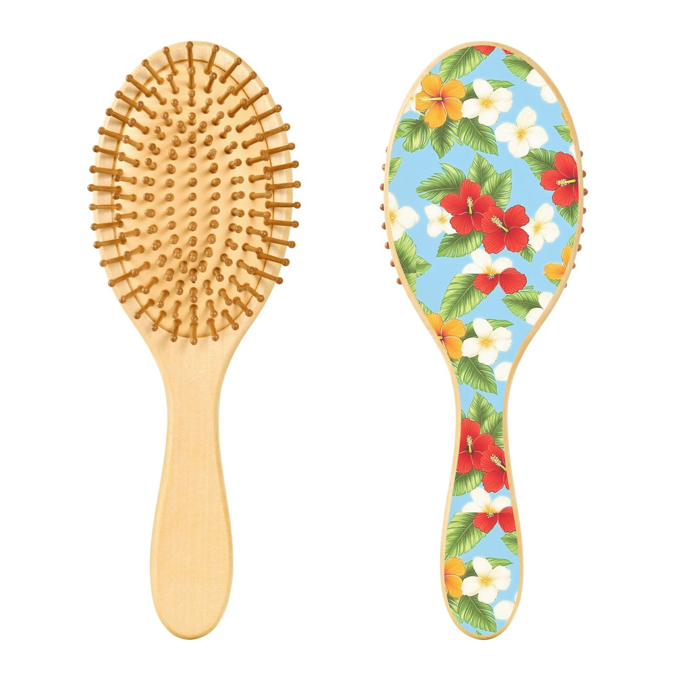 Tropical Flowers on Blue Wooden Hair Brush Natural Detangling Brush ...
