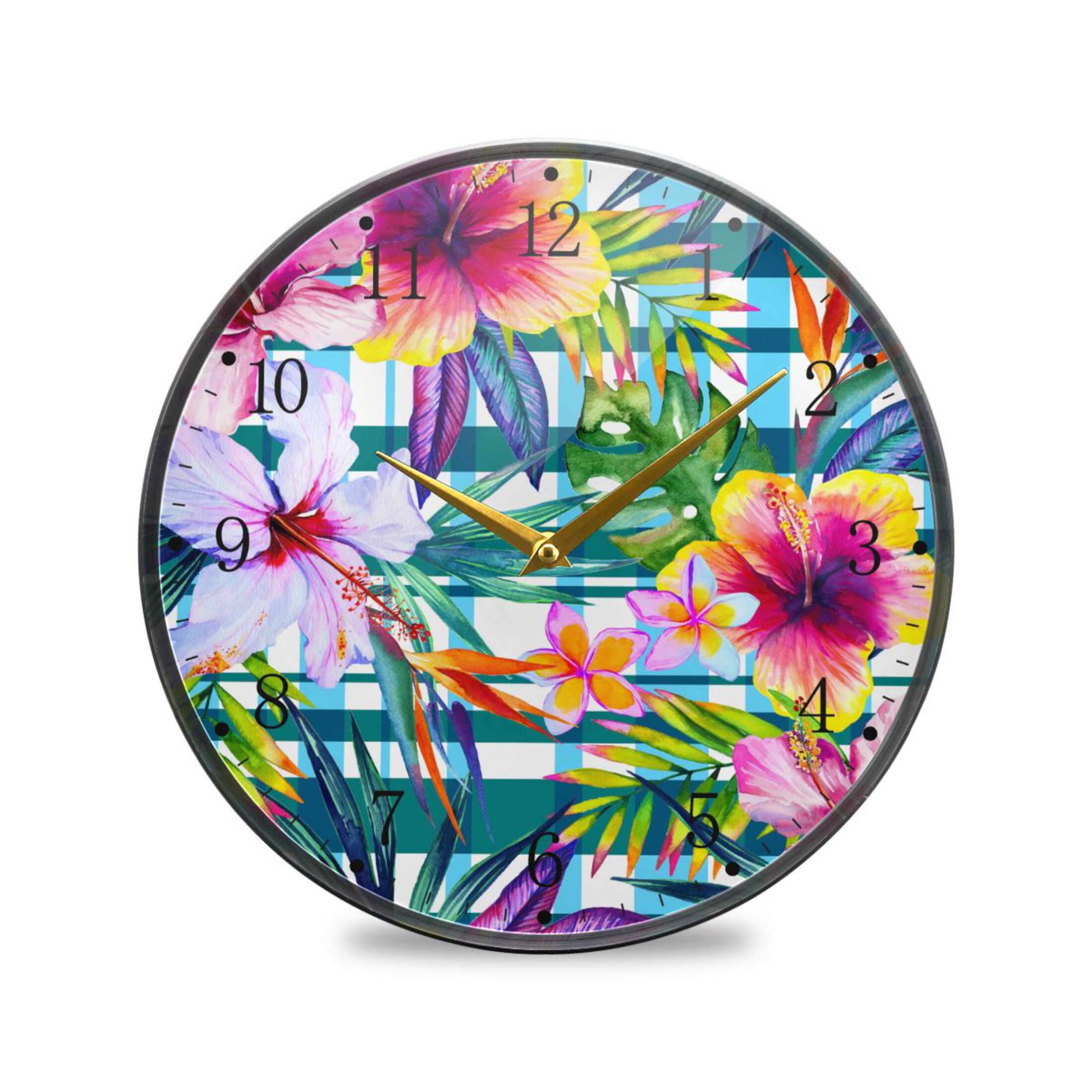 Tropical Flowers with Checks Acrylic Wall Clocks Quiet Round Clock ...