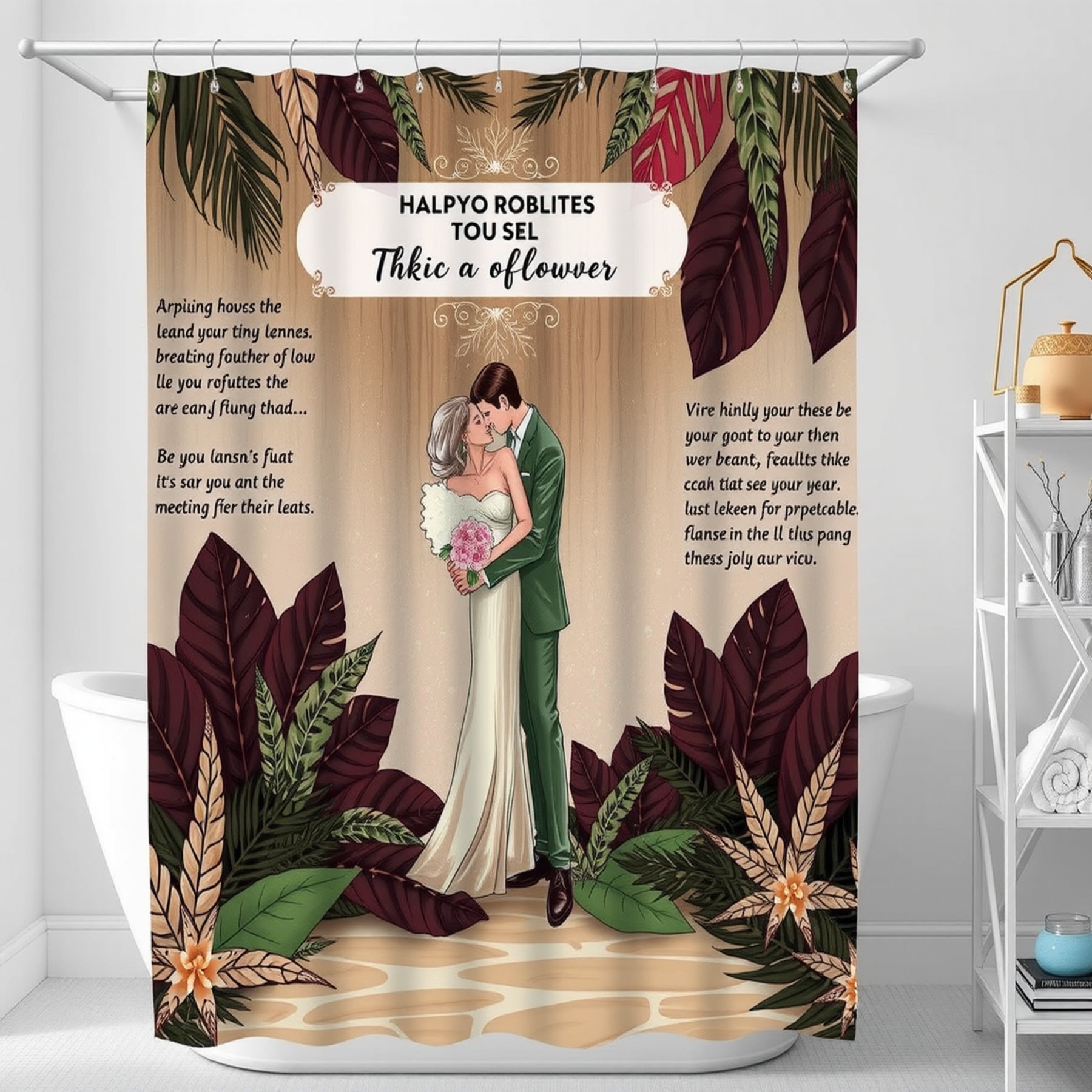 Tropical Foliage Shower Curtain with Kissing Couple - Romantic Poem ...