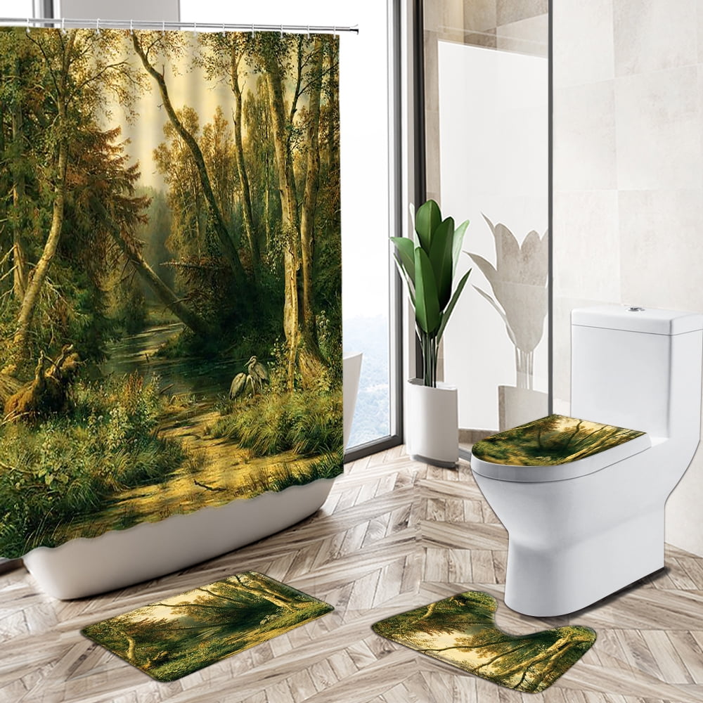 Tropical Forest Trees Scenery Shower Curtain Set 3D Spring Sunshine ...