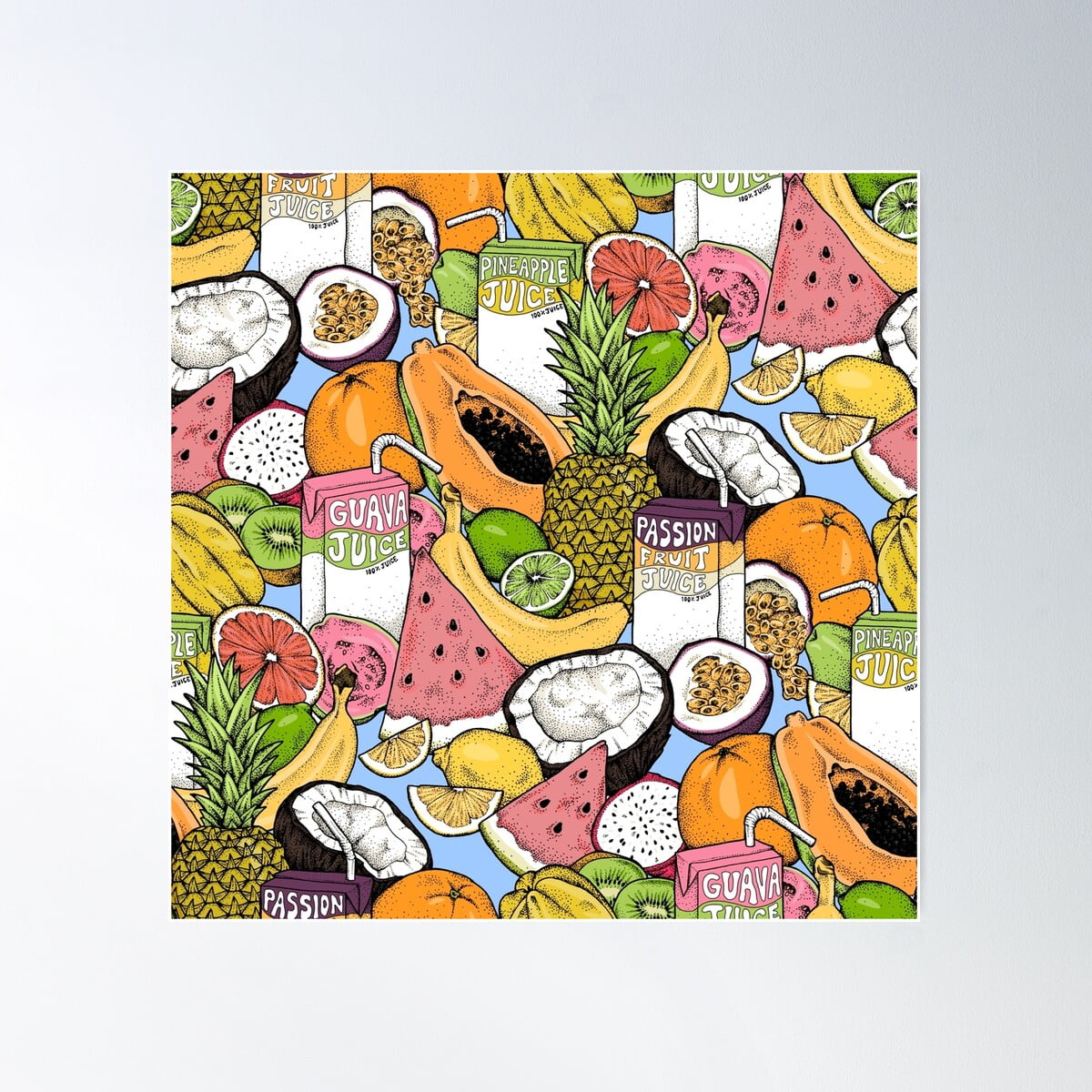 Tropical Fruit & Juice Boxes Poster Wall Art, Modern Wall Decor For ...