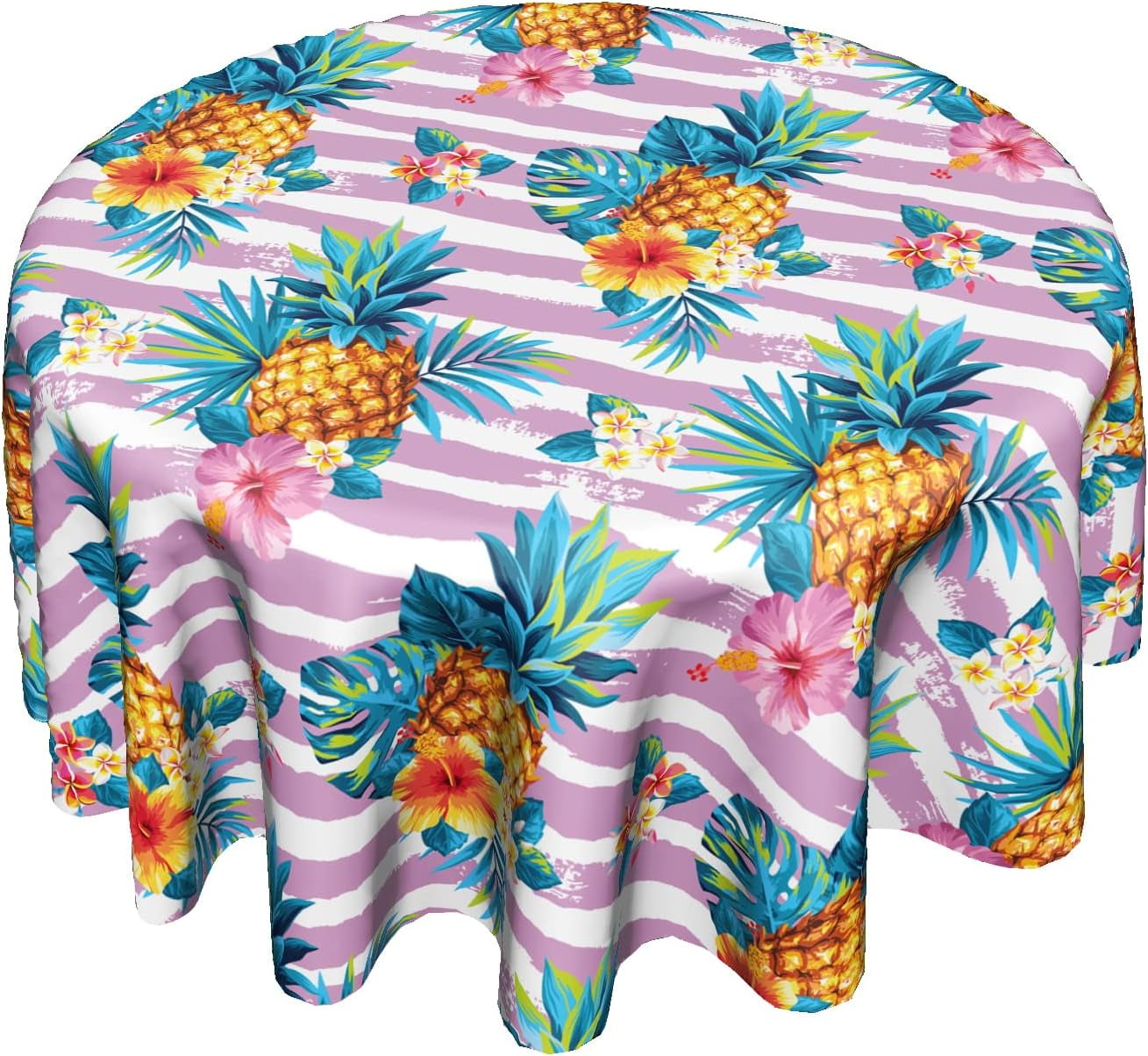 Tropical Fruit Pineapple Round Tablecloth Watercolor Blue Palm Leaf ...