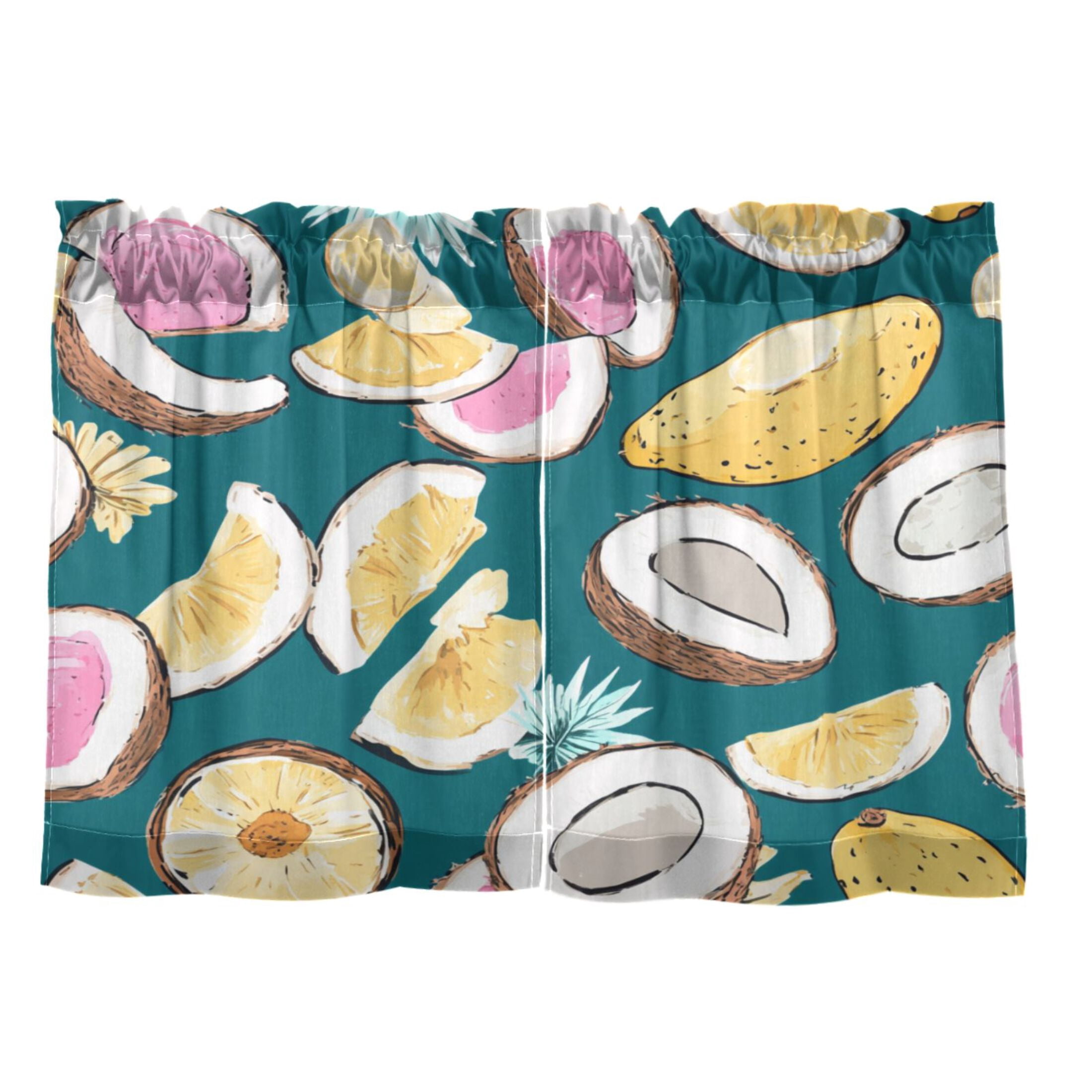Tropical Fruits Design 27"x24" Linen Look Cafe Curtain Set with Privacy ...