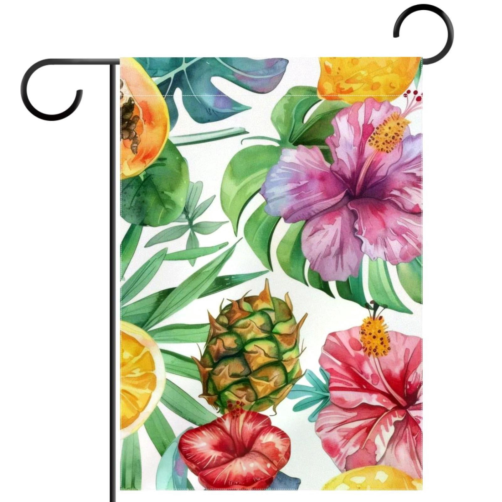 Tropical Fruits Hibiscus Flowers and Palm Leaves Welcome Garden Flags ...