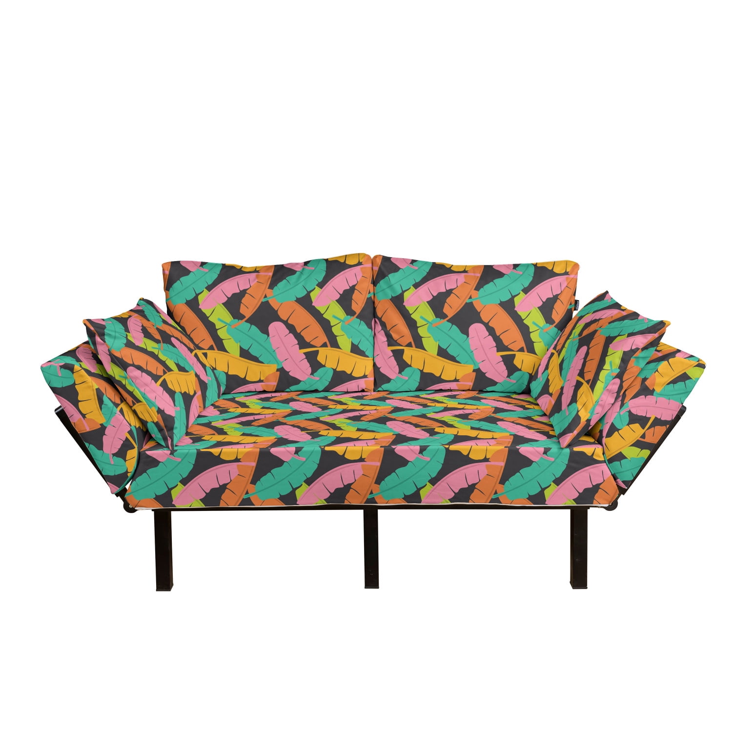 Tropical Futon Couch, Banana Leaves in Different Colors on Dark ...