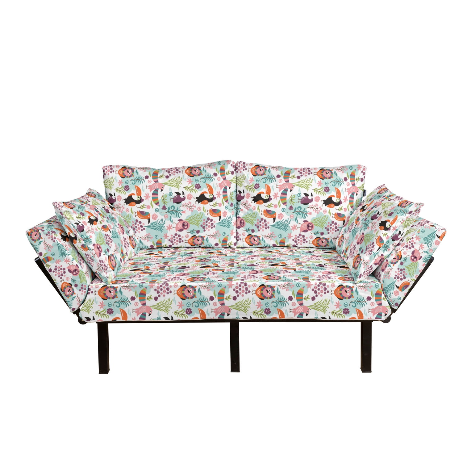 Tropical Futon Couch, Exotic Birds Pattern Cartoon Style Toucan Owls ...
