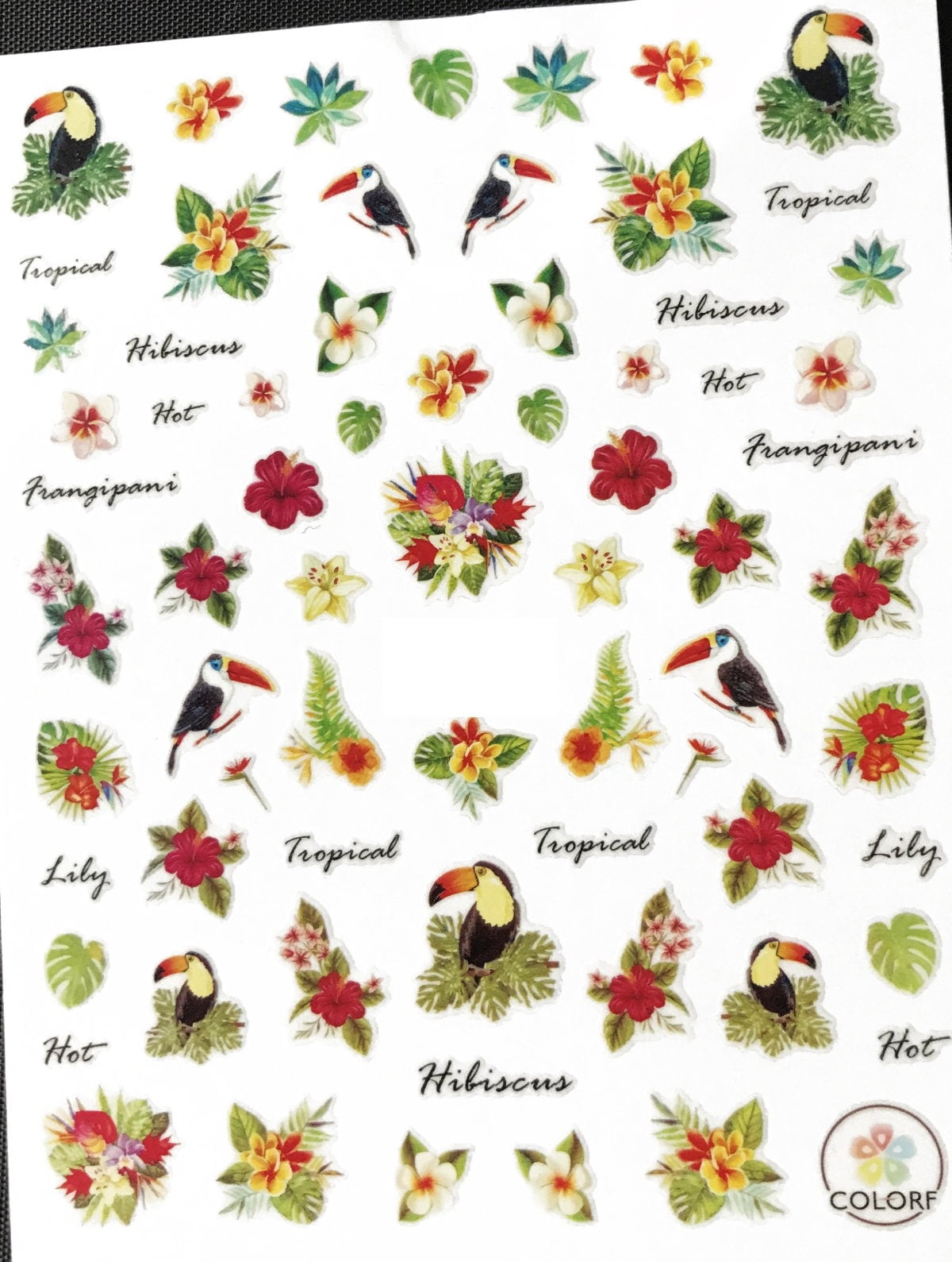 Tropical Getaway inspired finger nail stickers, Has tucans, lilys ...