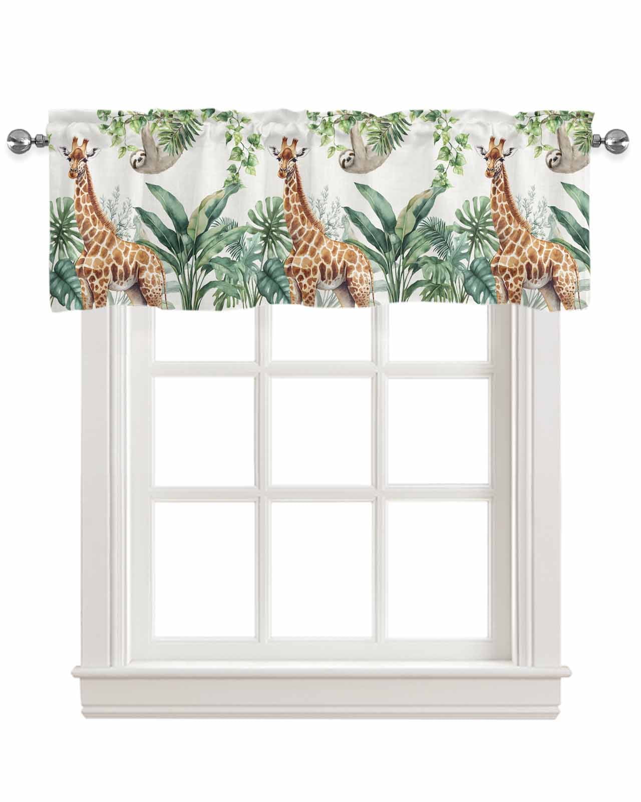 Tropical Giraffe Sloth Kitchen Valances for Windows Farmhouse Linen ...