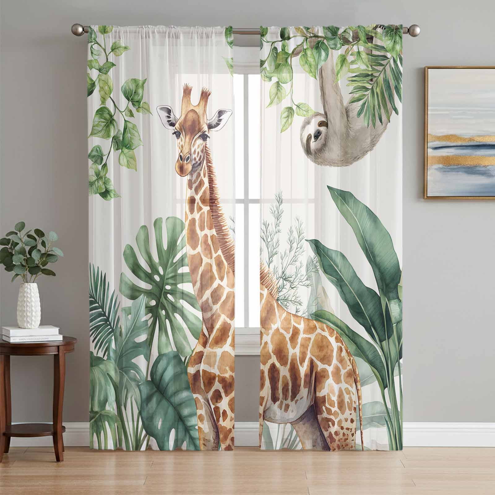 Tropical Giraffe Sloth Sheer Curtains 63 Inch Length 2 Panels Set ...