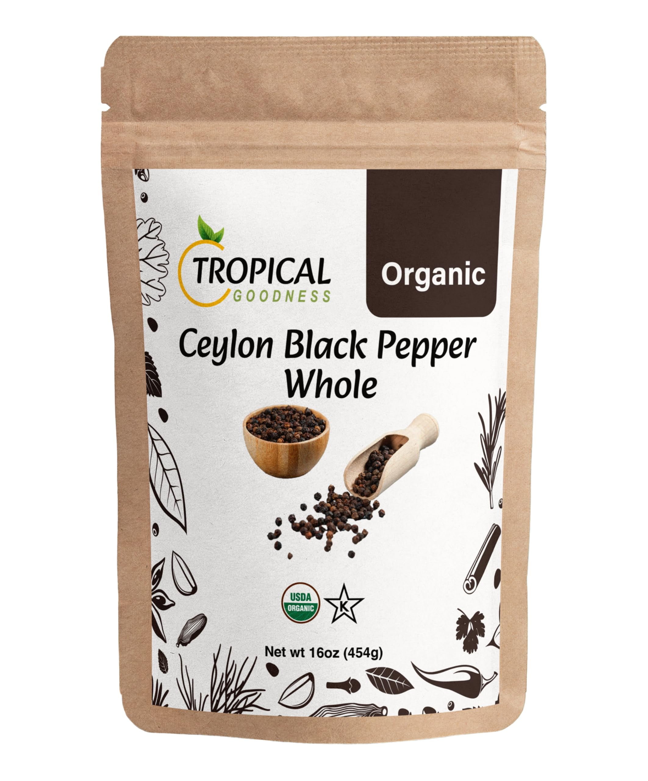 Tropical Goodness Organic Black BCF26 Peppercorns Whole 16 oz/1lb, For grinder refill, Authentic ...