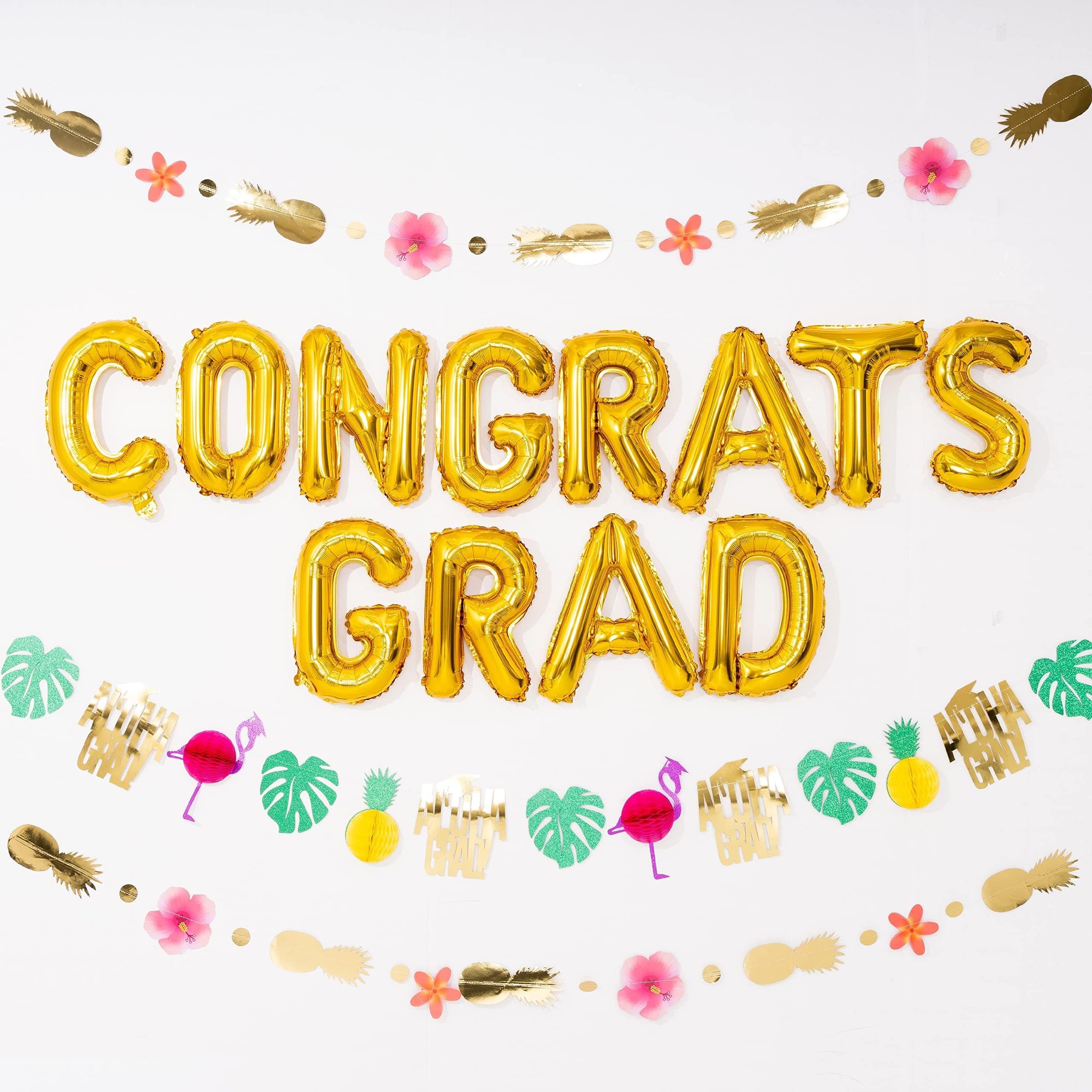 Tropical Graduation Celebration Kit with Glitter Balloons, 3D Flamingo ...