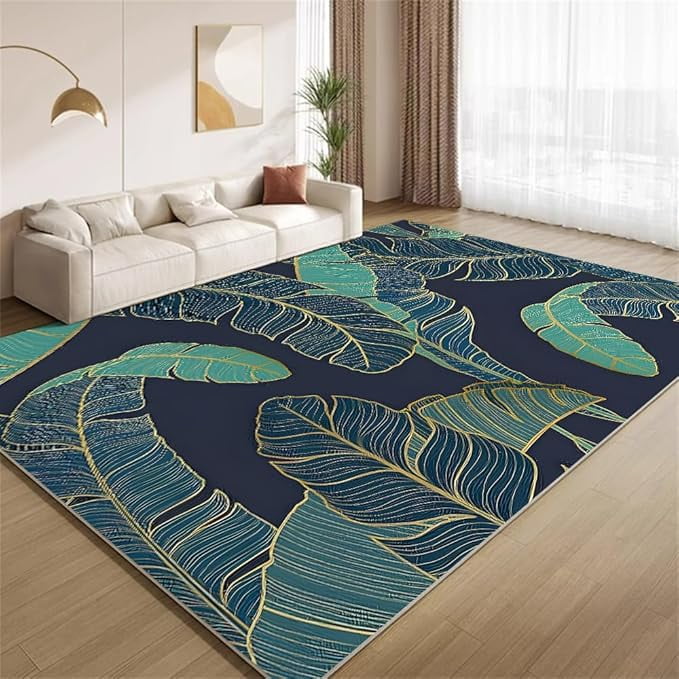 Tropical Green Banana Leaf Area Rug, Modern Luxury Golden Leaf Carpet ...