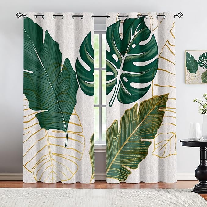 Tropical Green Brown Leaves Plant Blackout Curtains, Retro Banana Leaf ...