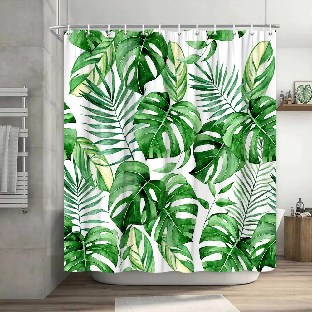 Tropical Green Leaf Shower Curtains Black Gold Leafs Palm Plant ...
