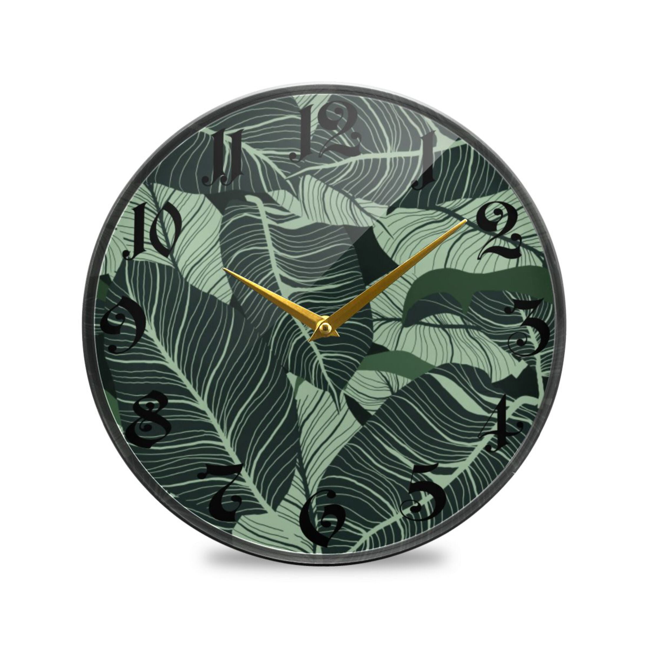 Tropical Green Leaves Acrylic Wall Clocks Quiet Round Clock Battery ...
