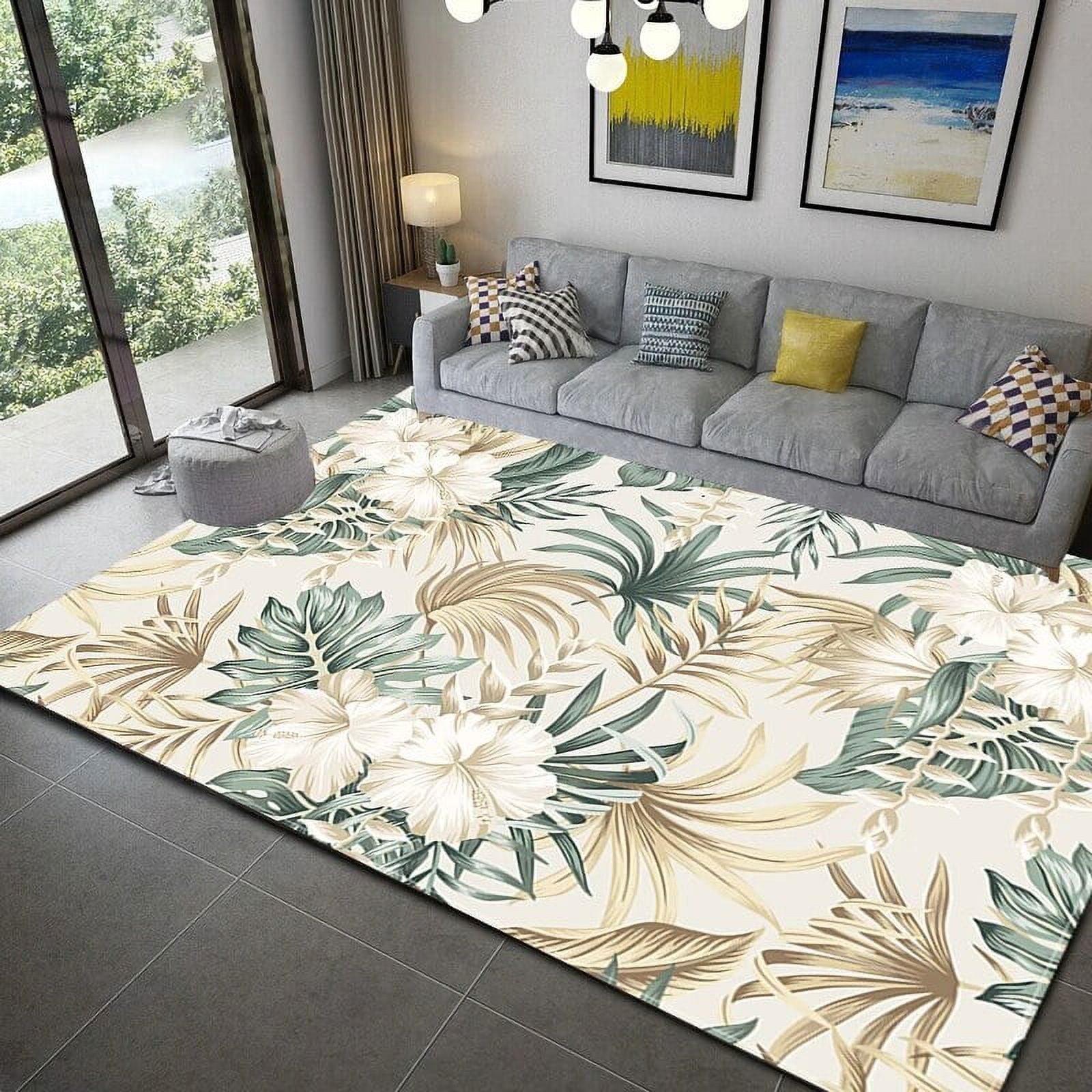 Tropical Green Leaves Area Rug Watercolor Painting Polyester Area Rug ...