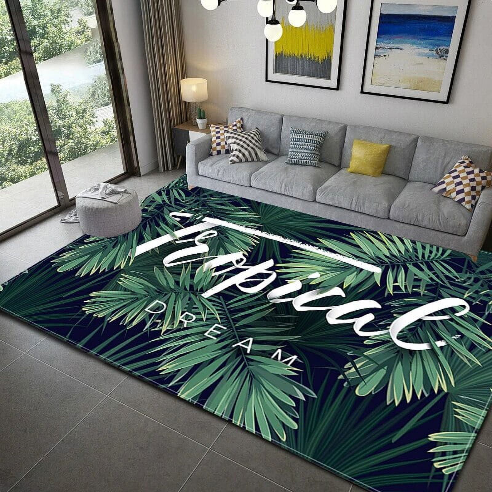 Tropical Green Leaves Area Rug Watercolor Painting Polyester Area Rug ...