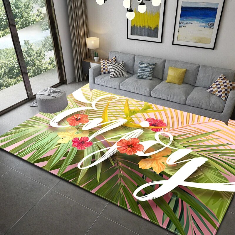 Tropical Green Leaves Area Rug Watercolor Painting Polyester Area Rug ...