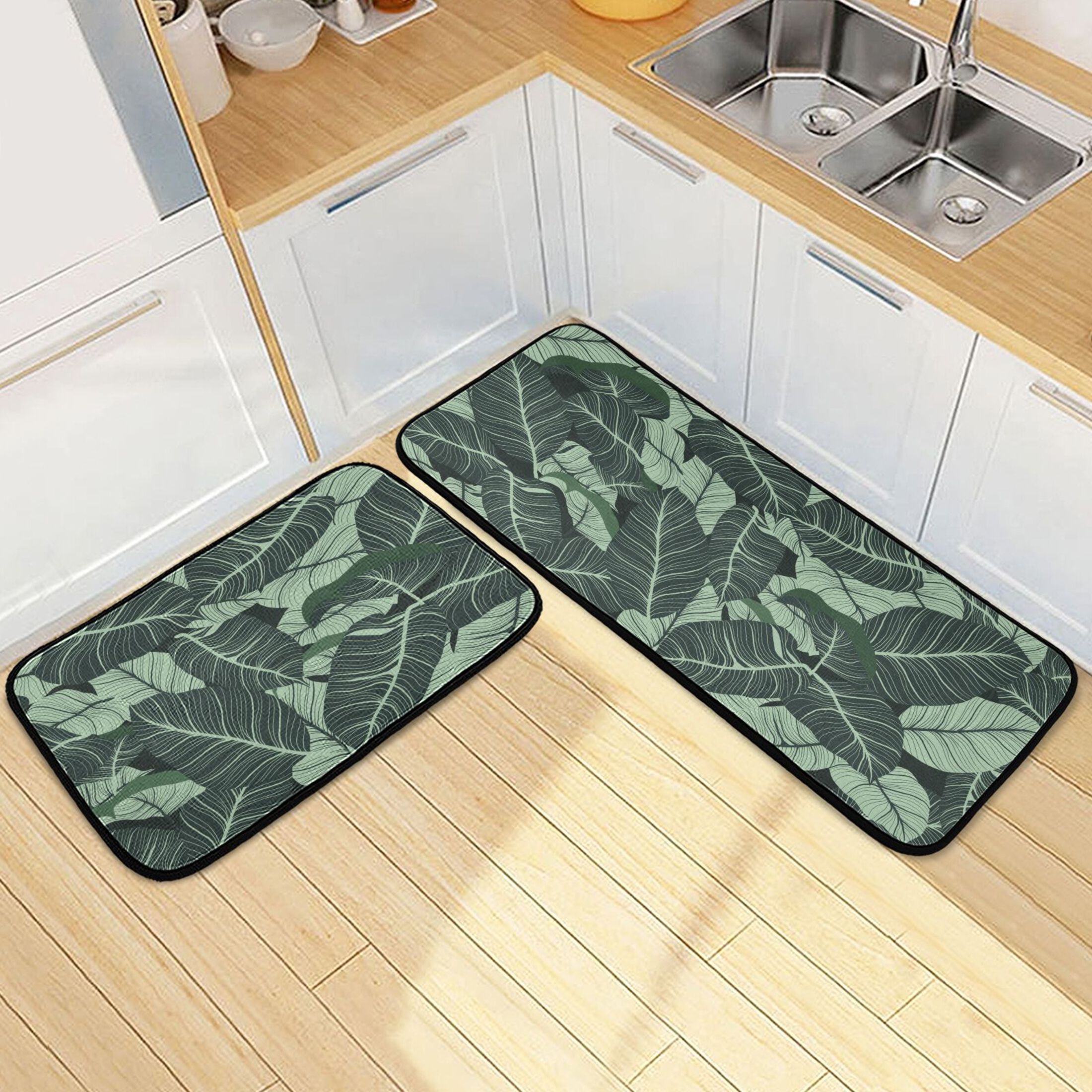 Tropical Green Leaves Kitchen Mats Set 2 Piece Non Slip Floor Foam Rugs ...