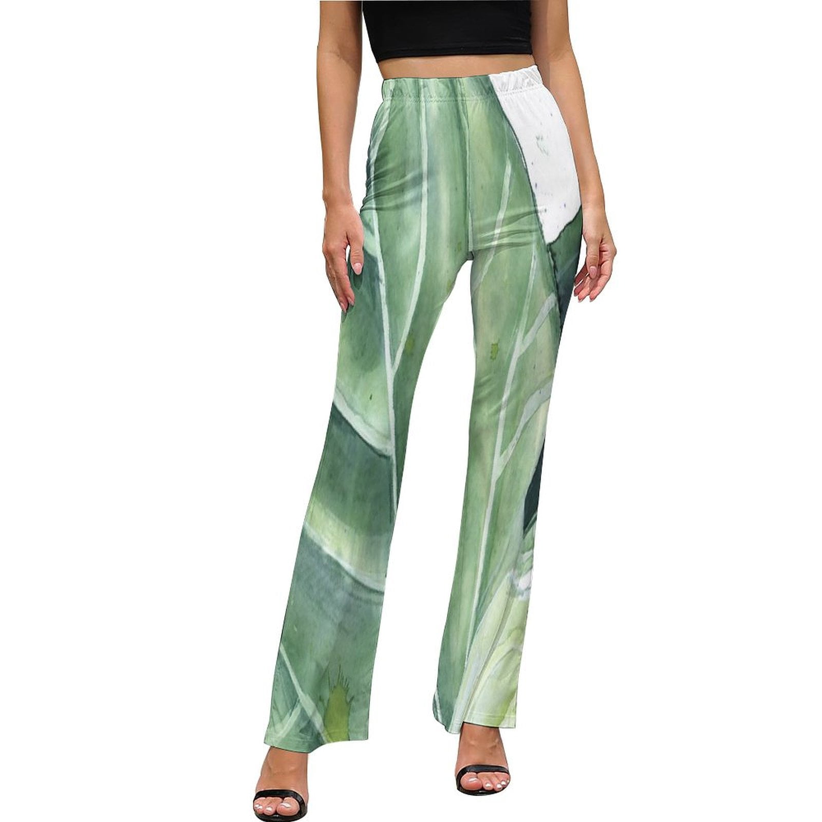 Tropical Green Leaves Plant High Waisted Casual Flared Trousers Summer ...