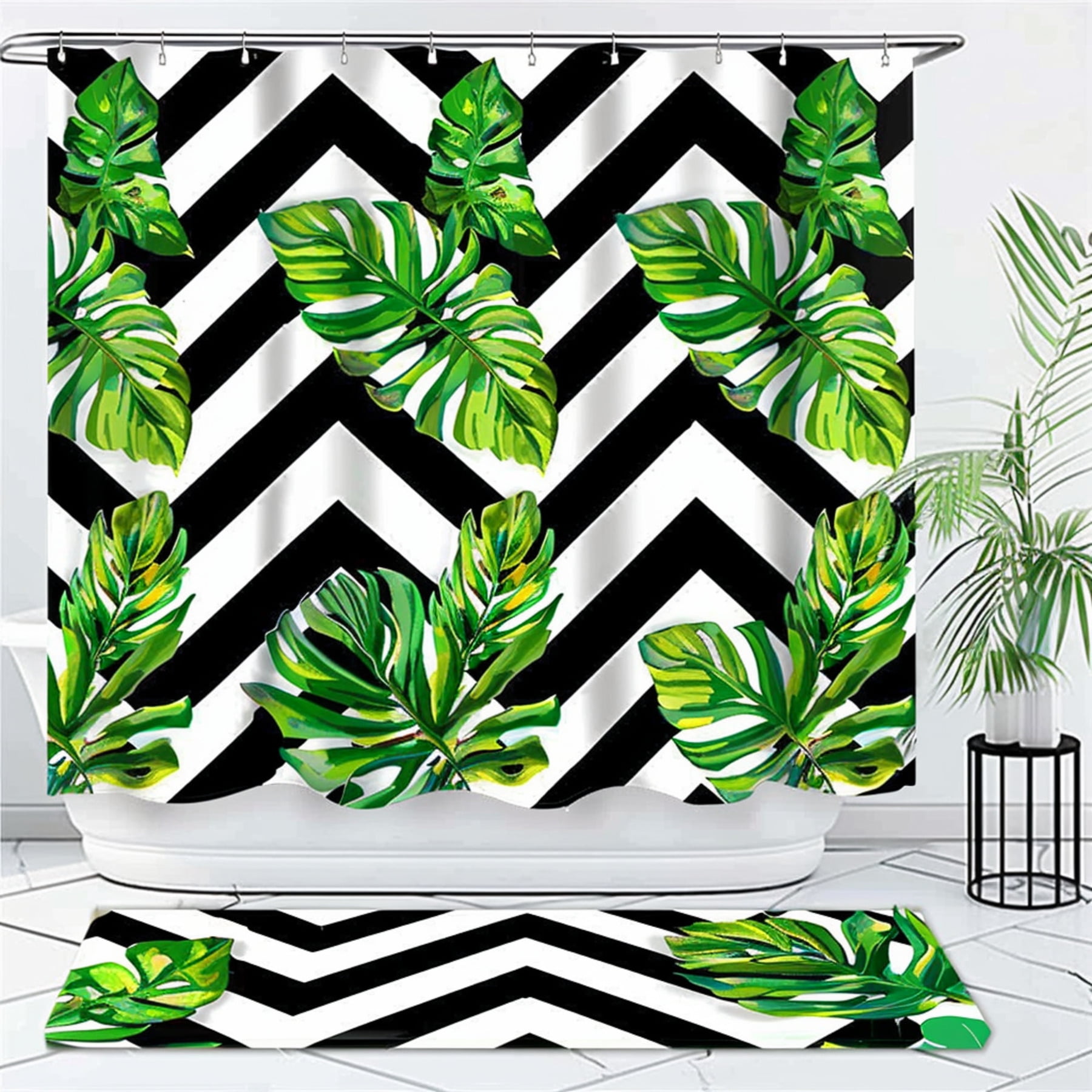 Tropical Green Leaves Shower Curtain Set on Chevron Pattern Bright ...