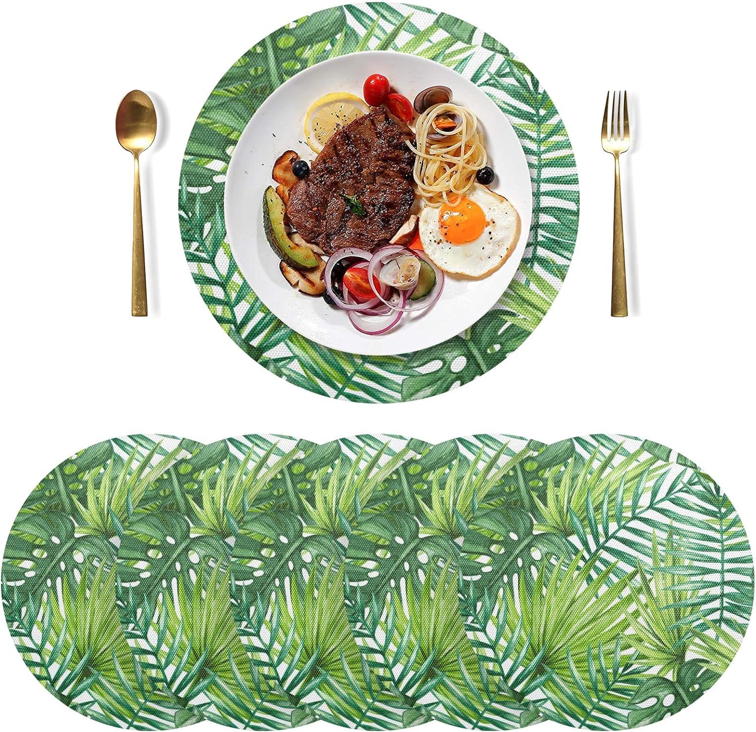 Tropical Green Palm Leaf Round Place Mats Set of 6, Heat Stain ...
