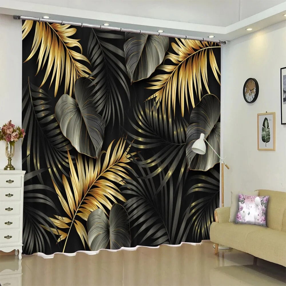 Tropical Green Plant Bathroom Shower Curtains Black Background Gold ...
