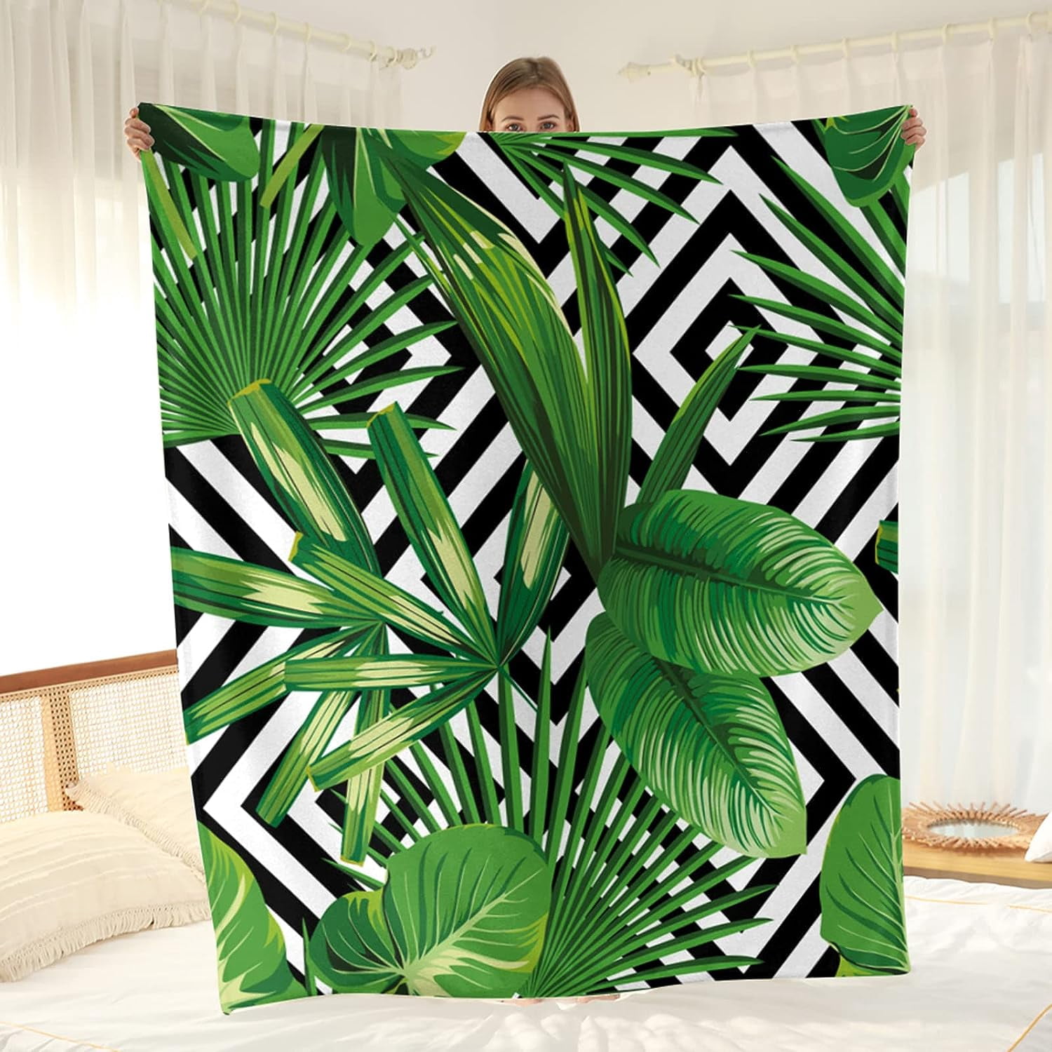Tropical Green Plant Leaves Striped Blanket Gifts for Women Men Kids ...