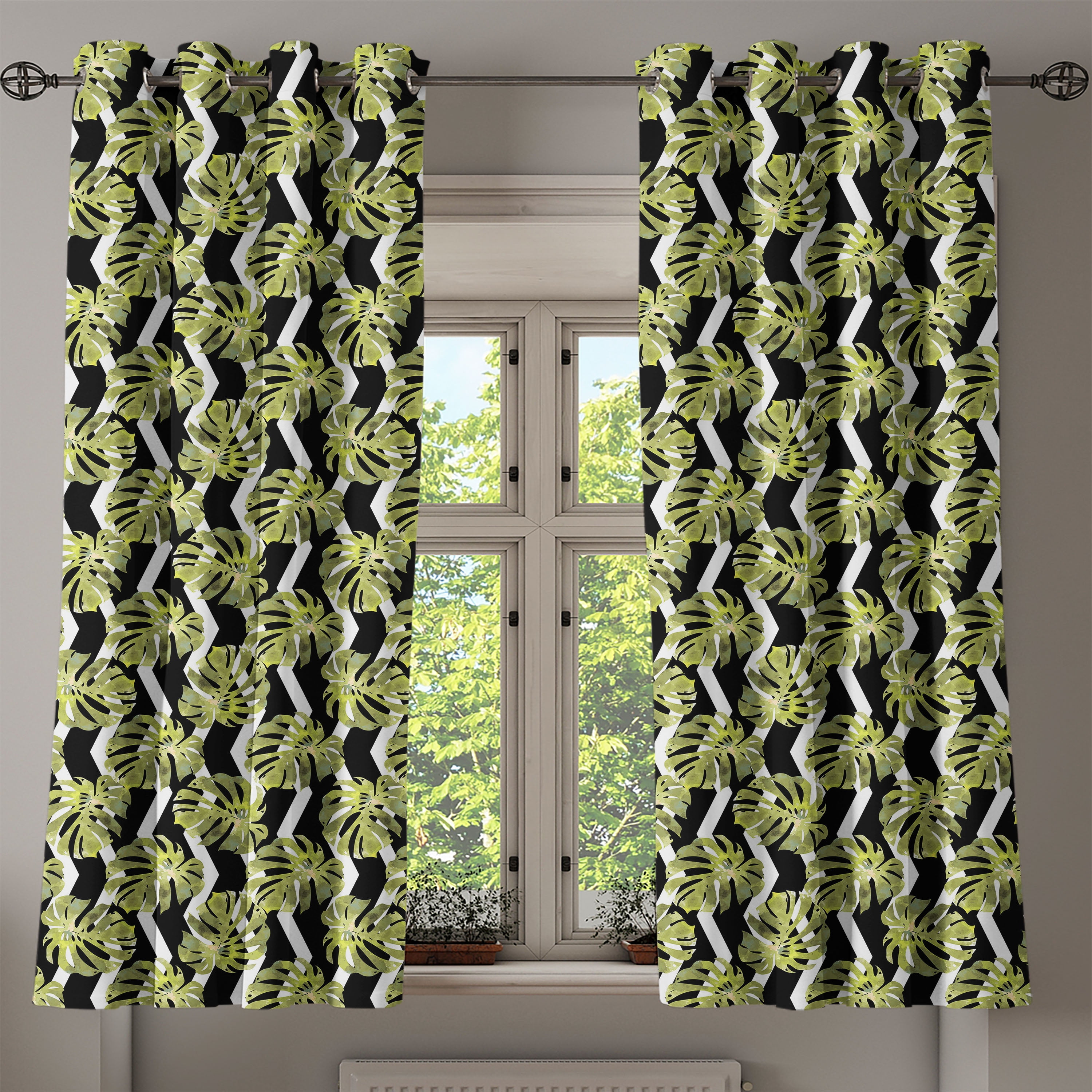 Tropical Grommet Curtain, Nature Inspired Exotic Leaf Pattern on ...