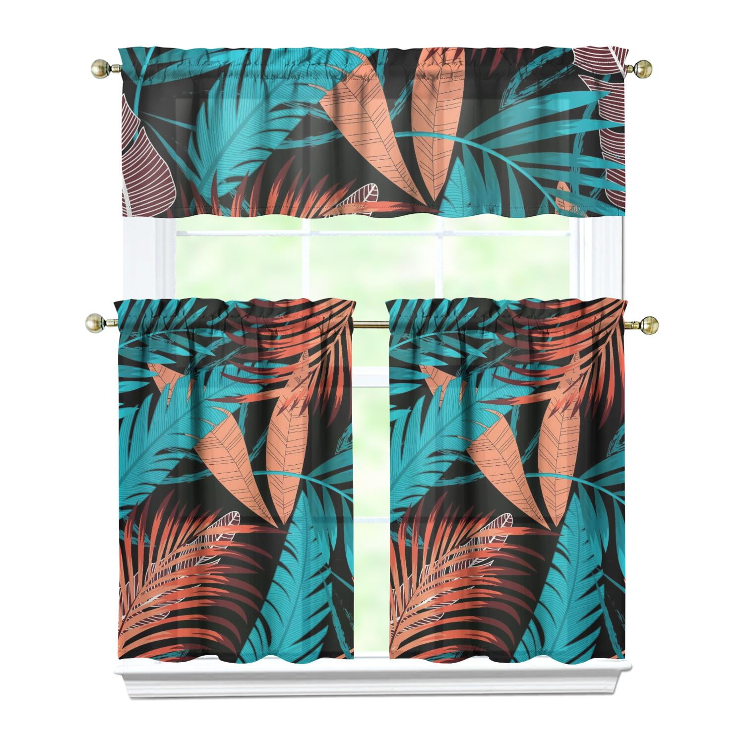 Tropical Hawaiian Leaf and Flower Kitchen Curtains 3PCS Set, 27.5x36in ...
