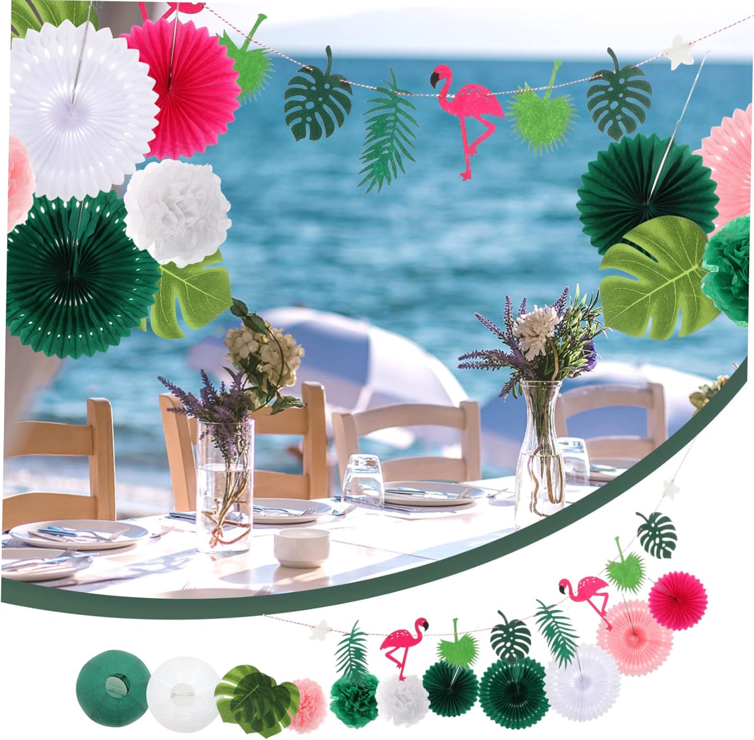 Tropical Hawaiian Style Flamingo Paper Fans and Monstera Leaves Banner ...
