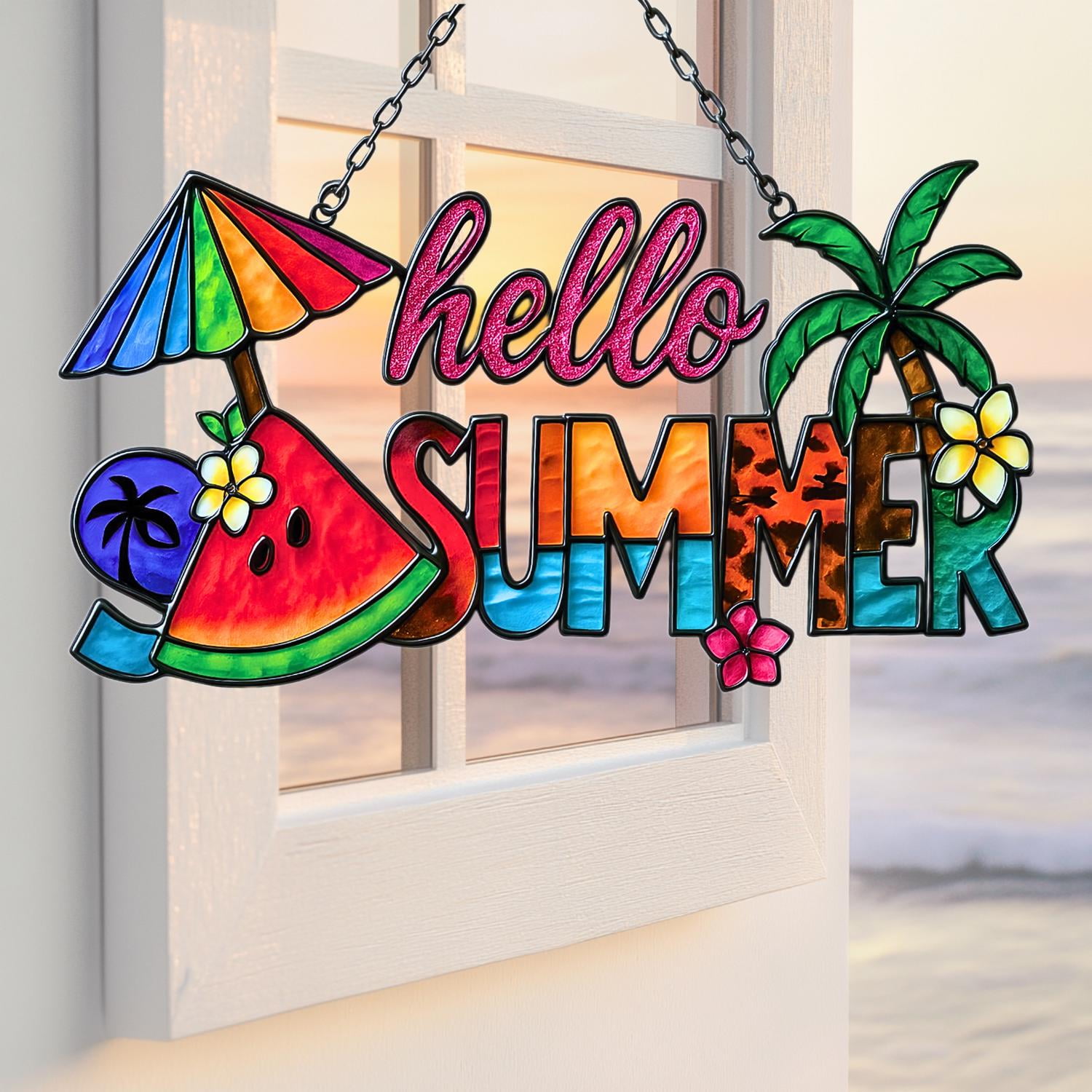 Tropical Hello Summer Acrylic Window Hanging – Beach Theme Faux Stained ...