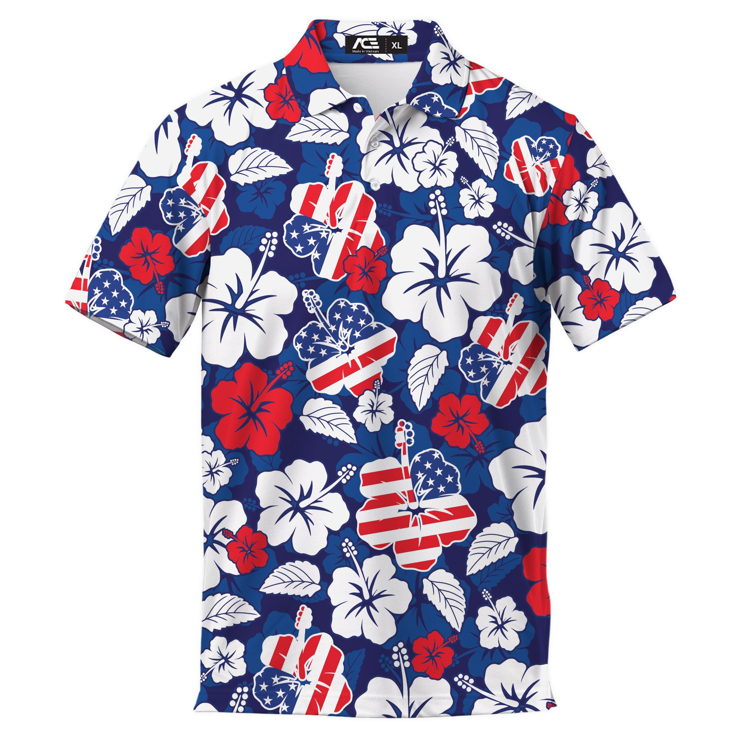 Tropical Hibiscus American Flag Polo Shirts For Men Aloha Shirt Mens ...