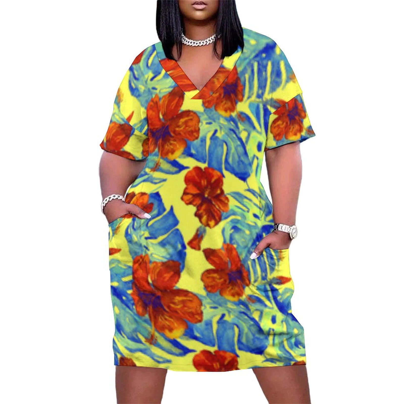 Tropical Hibiscus Leaf Pattern Bright Yellow Summer Dresses for Women ...