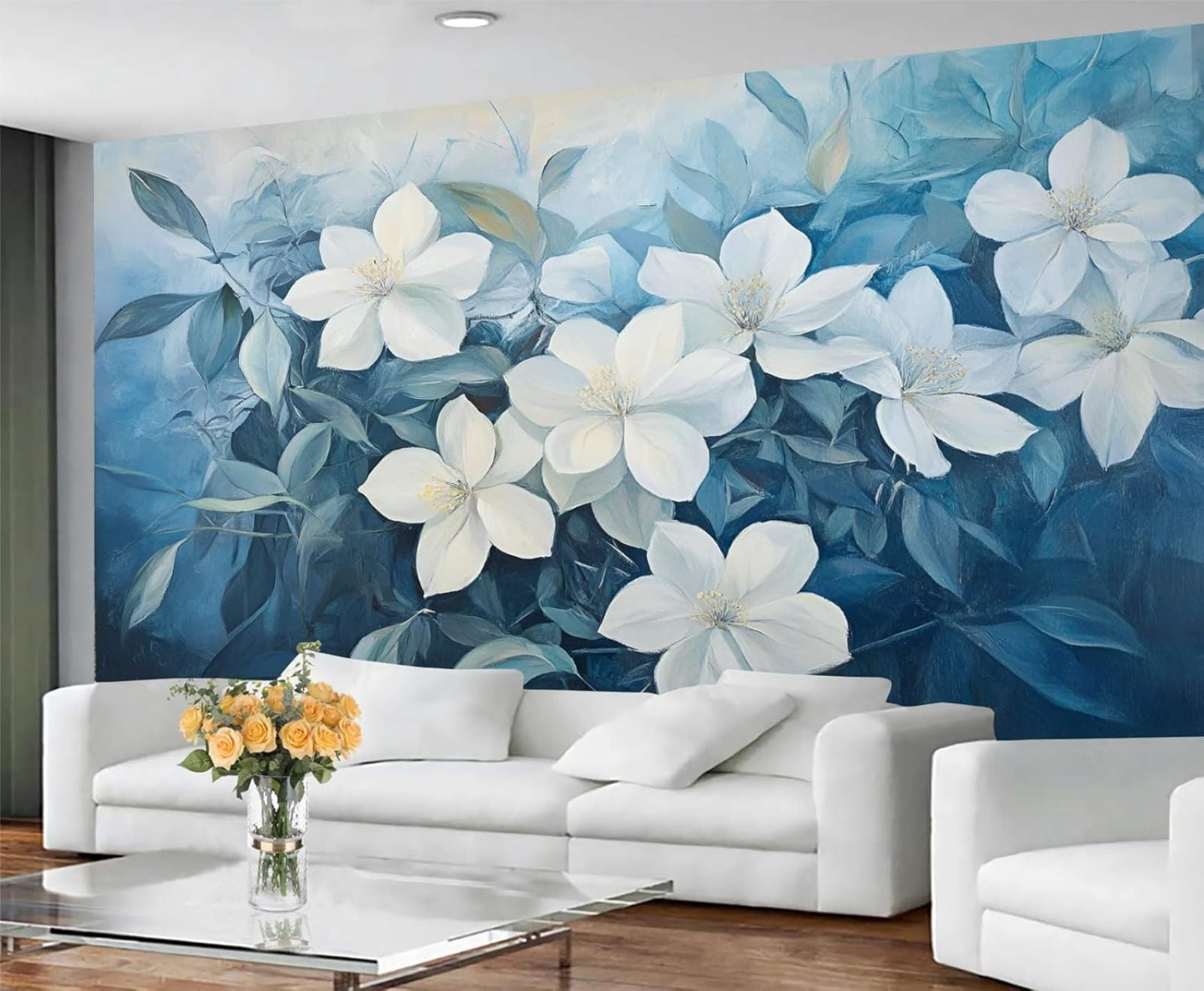 Tropical Hibiscus Mural - White Hibiscus Wall Paintings, Floral ...