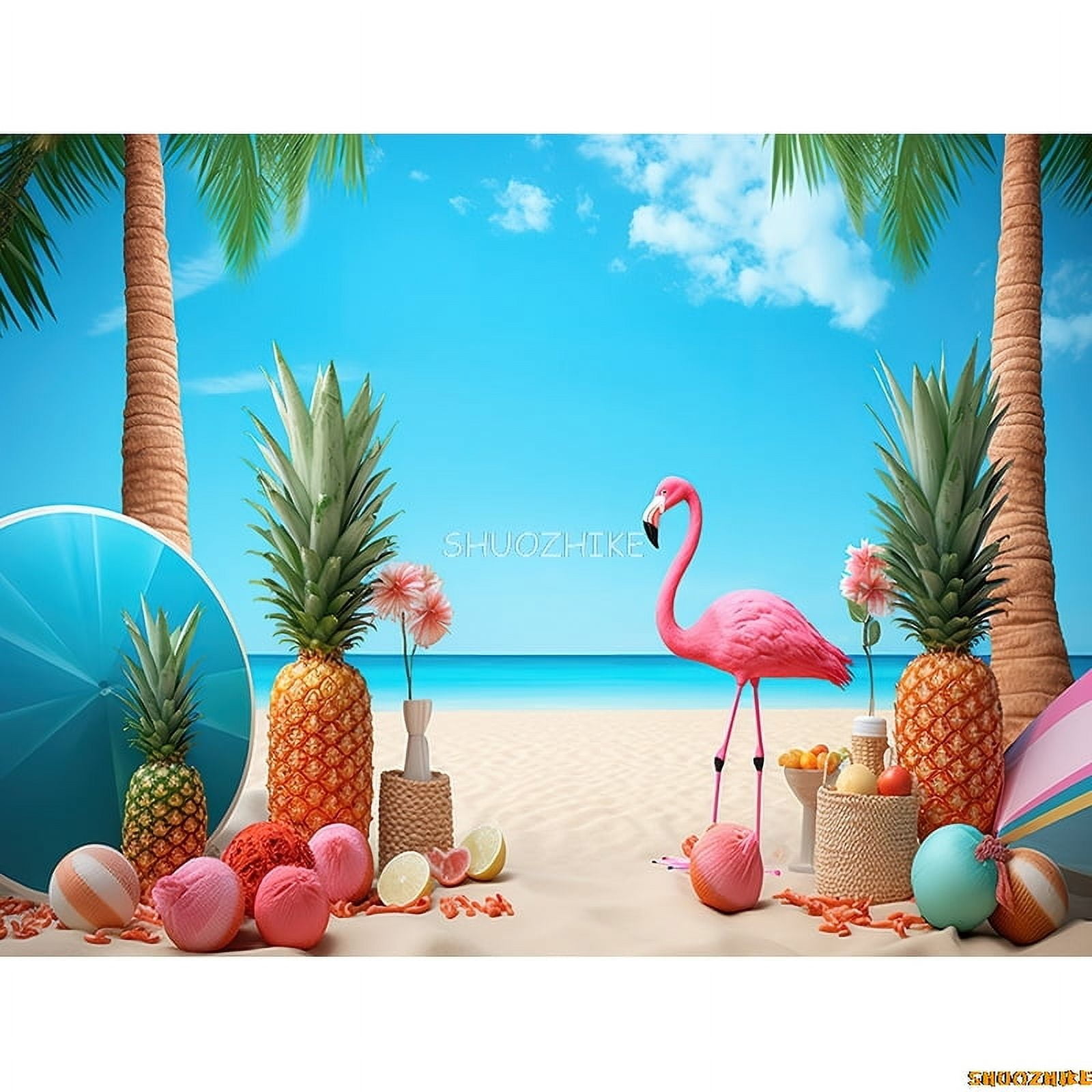 Tropical Holiday Flamingo Ocean Scery Photography Backdrops Prop Palm ...