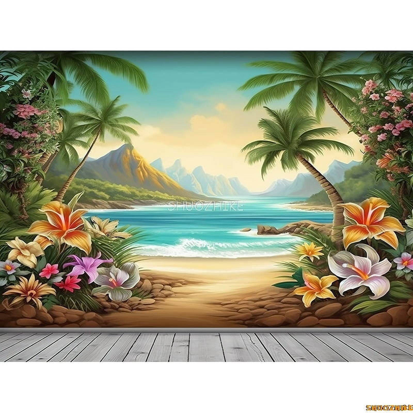 Tropical Holiday Flamingo Ocean Scery Photography Backdrops Prop Palm ...