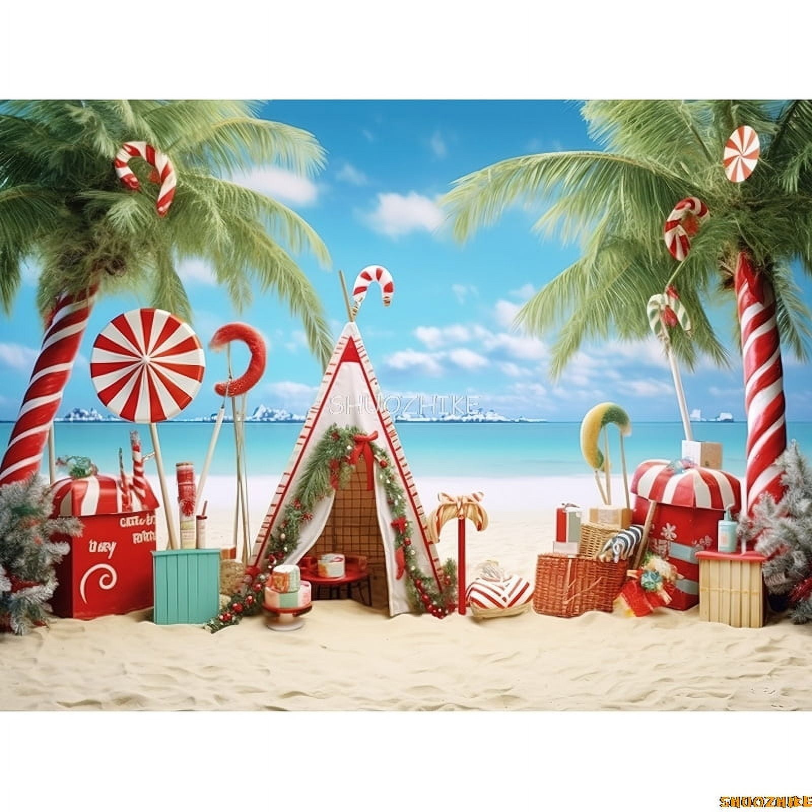 Tropical Holiday Flamingo Ocean Scery Photography Backdrops Prop Palm ...