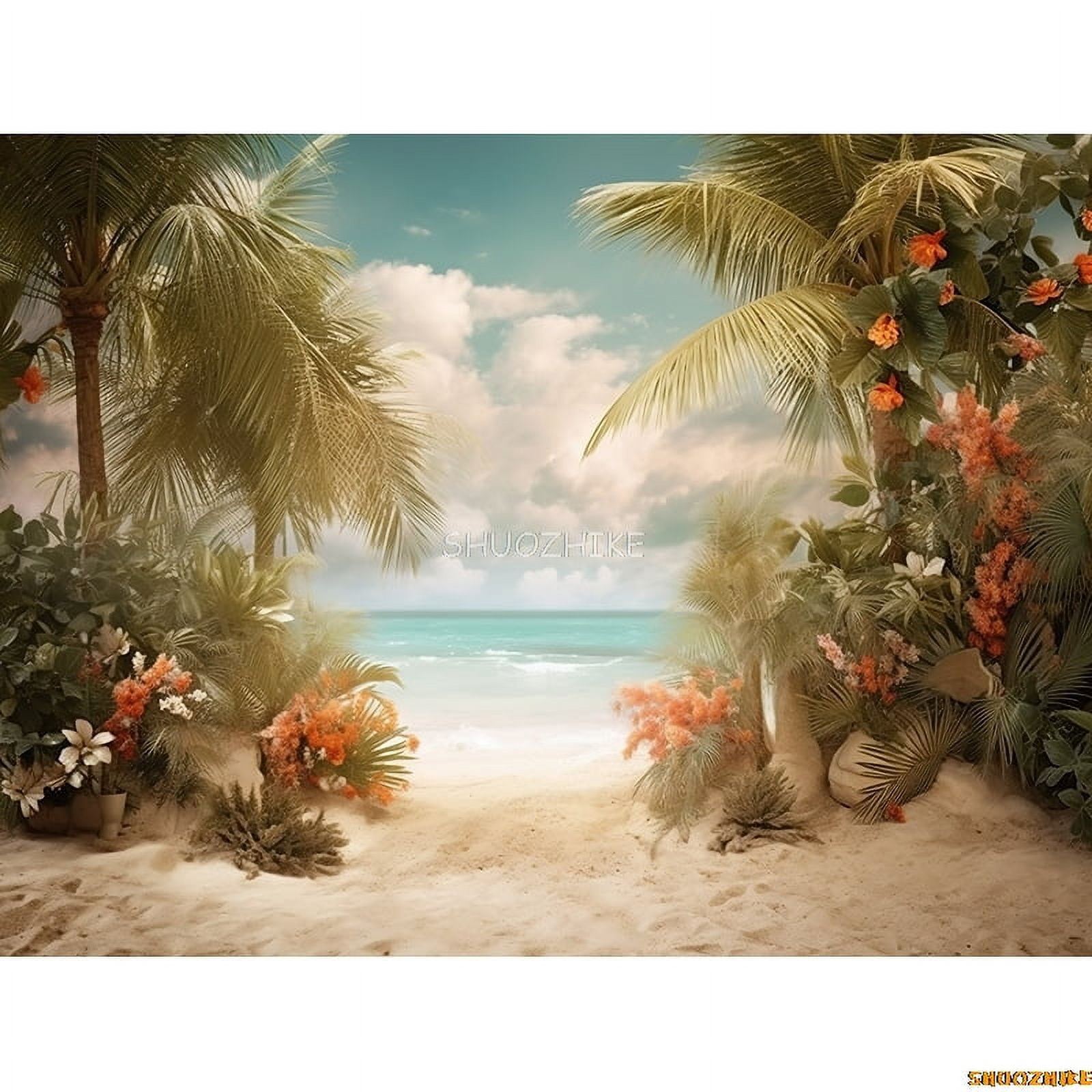 Tropical Holiday Flamingo Ocean Scery Photography Backdrops Prop Palm ...